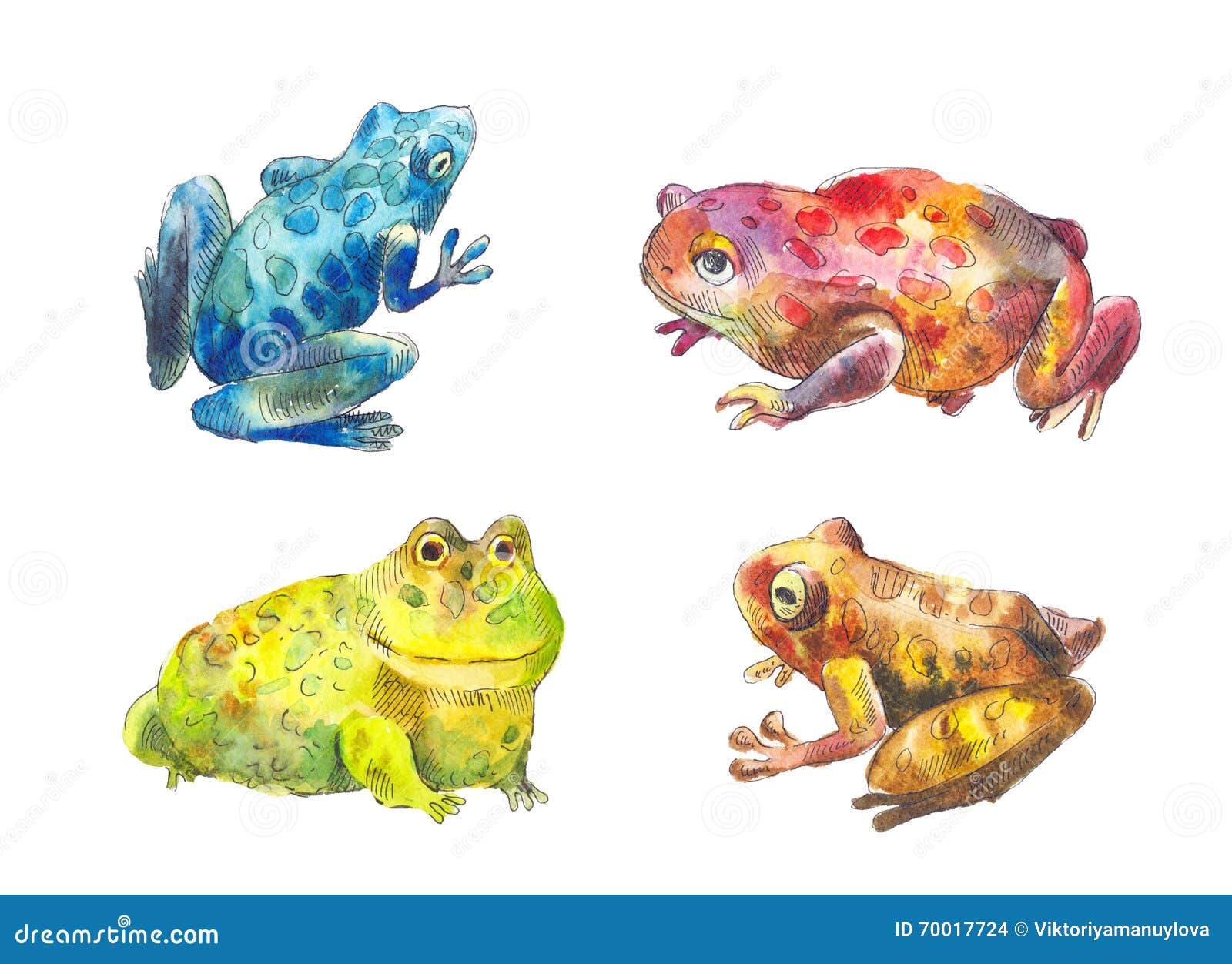 Toads Set. Set of Different Watercolor Toads: Blue, Red, Yellow Stock ...