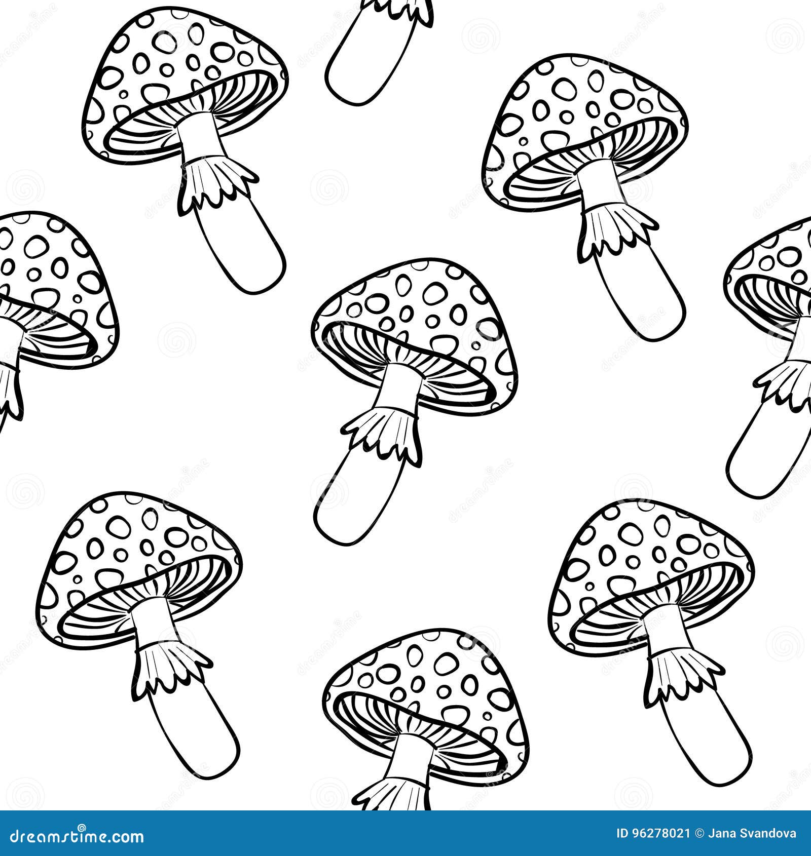 Toadstools Seamless Vector Background, Black and White Line Drawing ...
