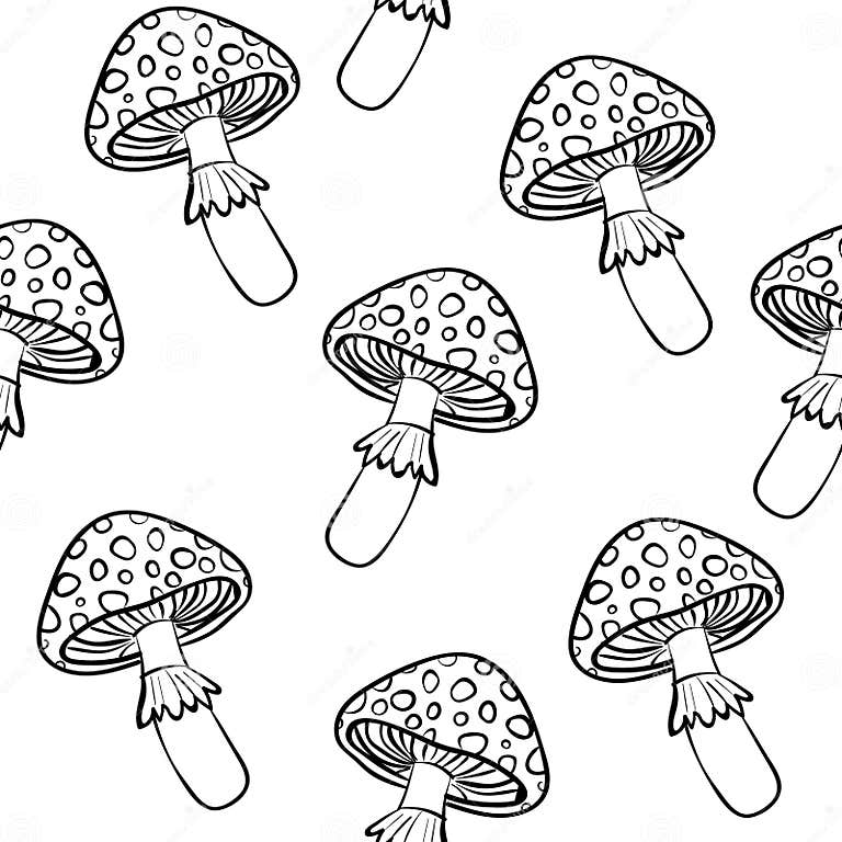 Toadstools Seamless Vector Background, Black and White Line Drawing ...