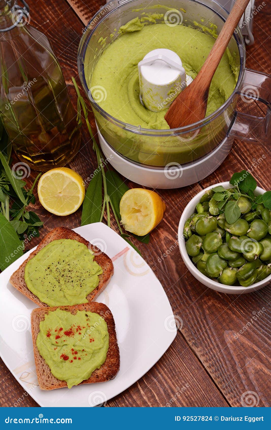 Toast with Bean Paste and Boiled Broad Beans on Wooden Background ...