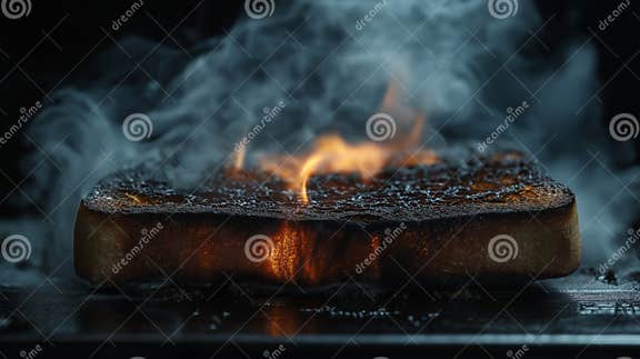 Toast Burning on a Griddle Creating Smoke and Flames in Kitchen Stock ...