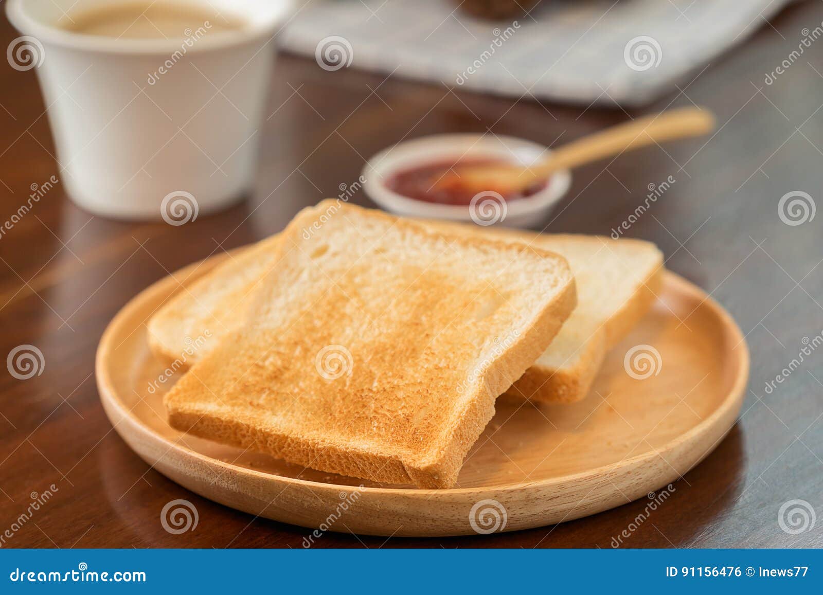 Toast with Coffee and Jam on Wood Table. Stock Photo - Image of ...