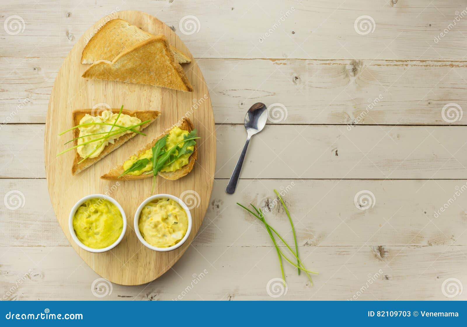 Toast with Curried Chicken Salad and Egg and Chive Salad Stock Image ...
