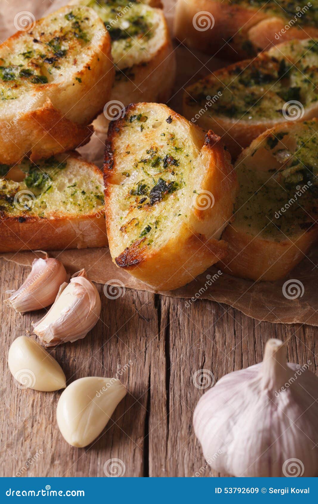 Toast with Fresh Herbs and Garlic Closeup. Vertical Stock Image - Image ...