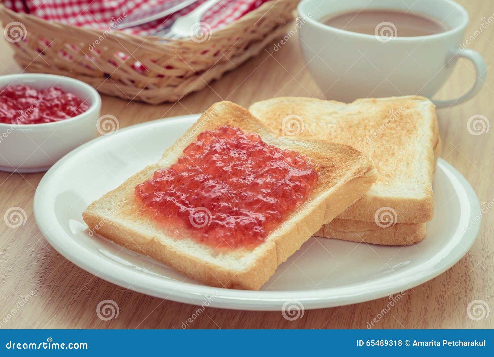 Toast with Jam on Plate and Coffee Cup, Filtered Image Stock Photo ...