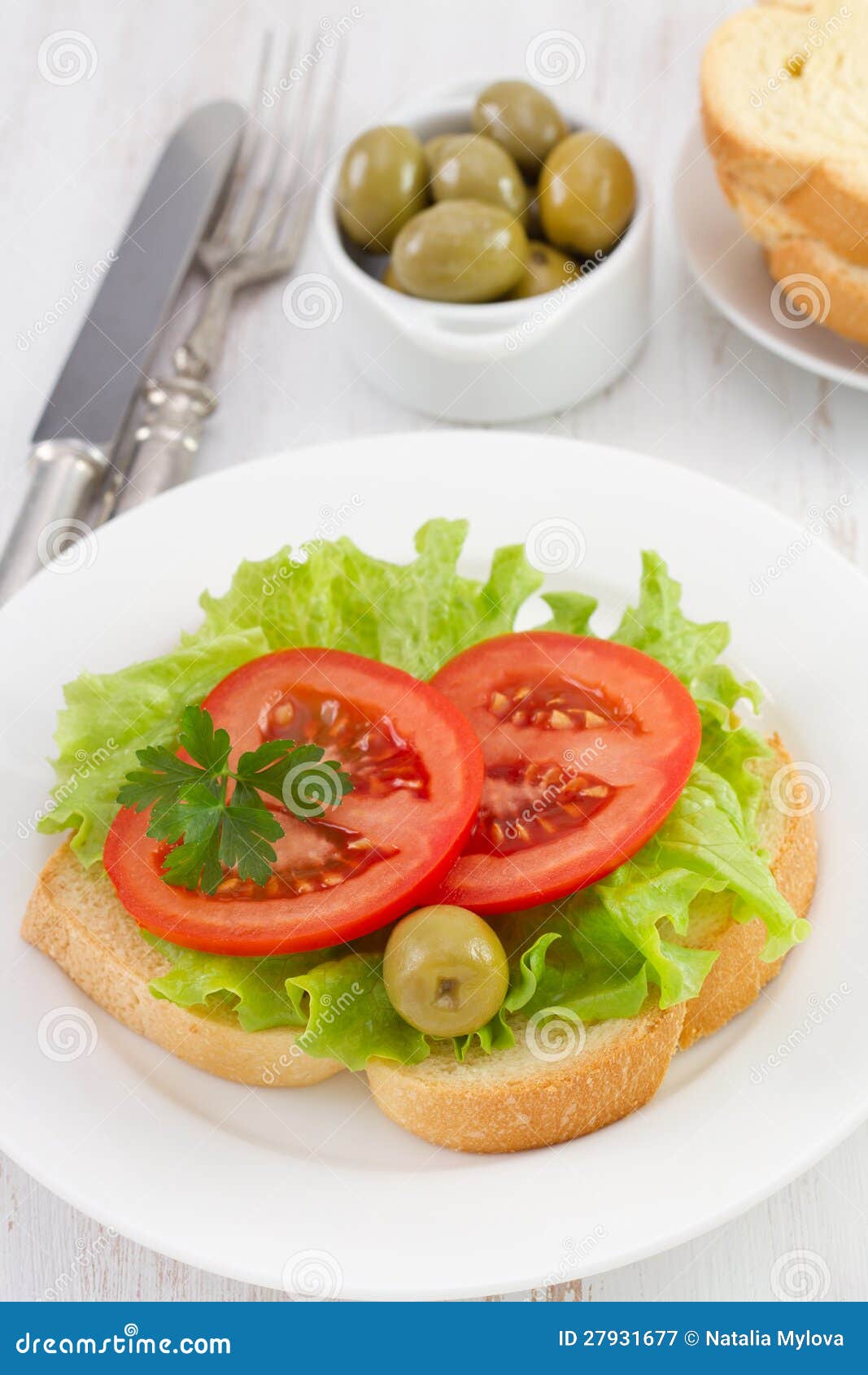 Toast with Lettuce, Tomato and Olives Stock Image - Image of plate ...