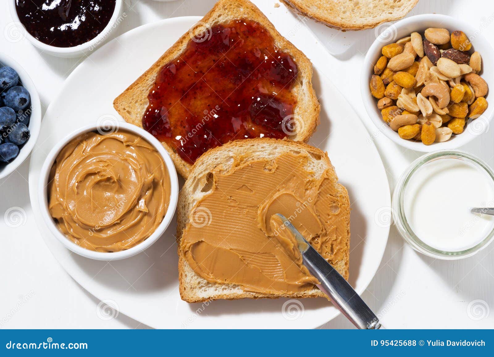 Toast with Peanut Butter and Jam for Breakfast, Top View Stock Photo ...