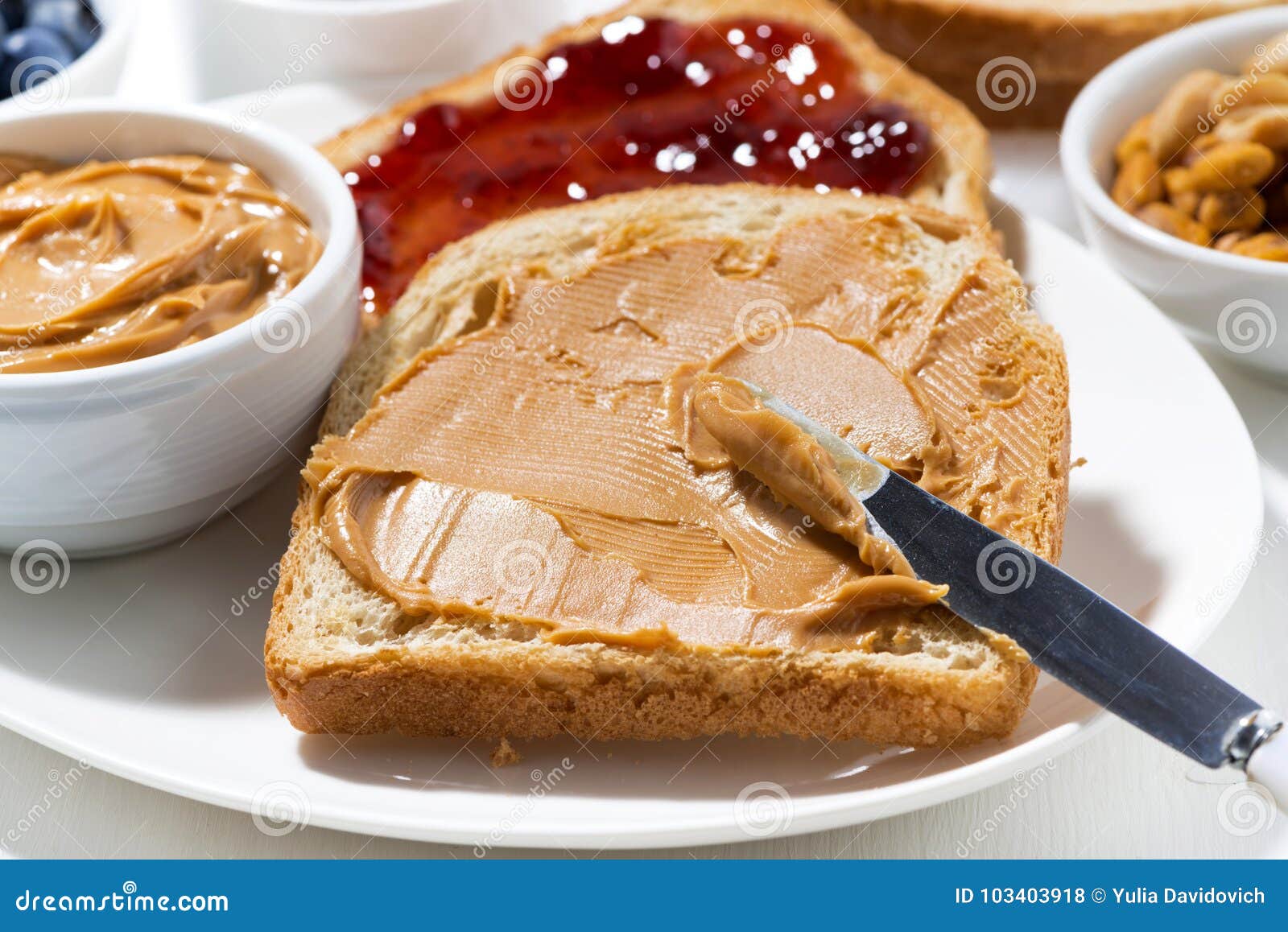 Toast with Peanut Butter and Jam Stock Photo - Image of blueberries ...