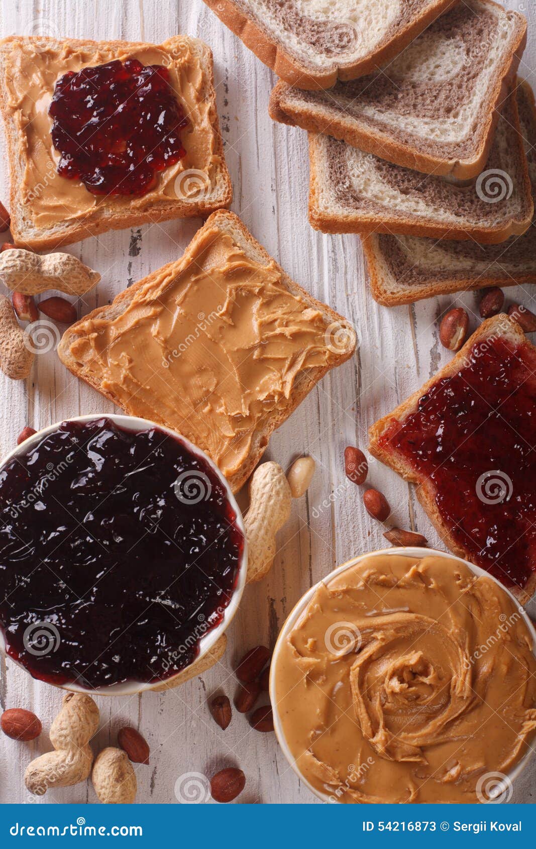 Toast with Peanut Butter and Jam Closeup. Vertical Top View Stock Image ...