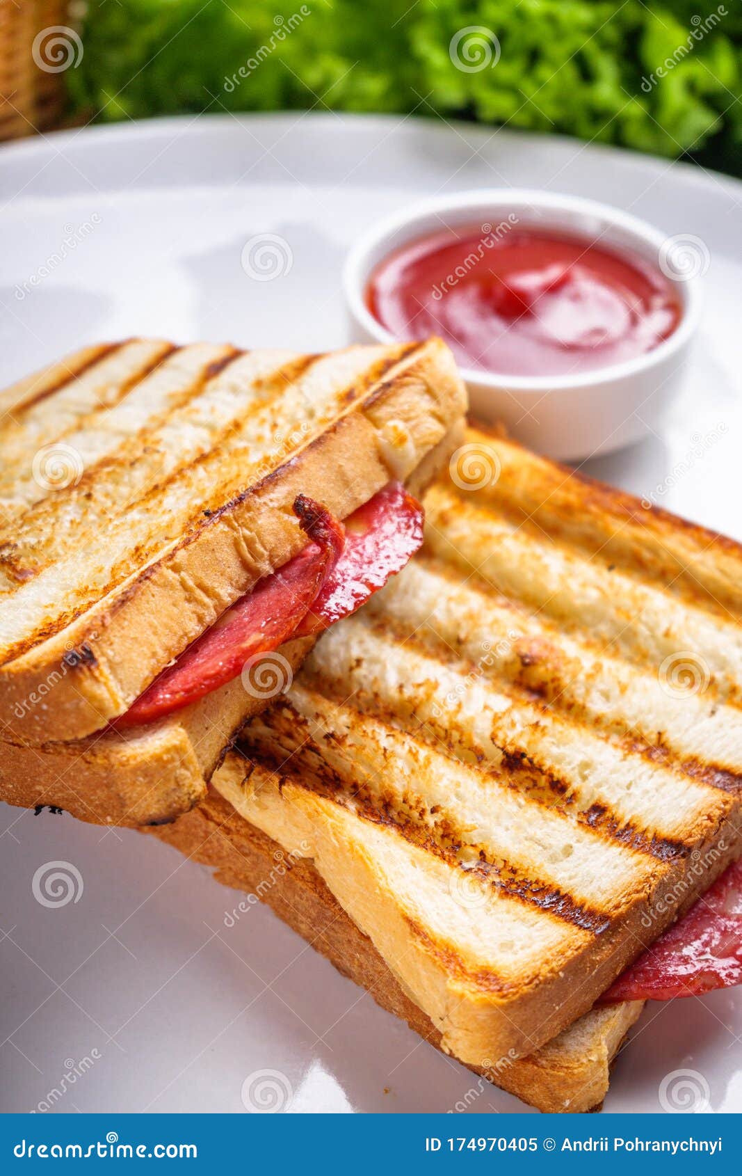 Toast Salami Sandwich on a White Round Plate Stock Image - Image of ...