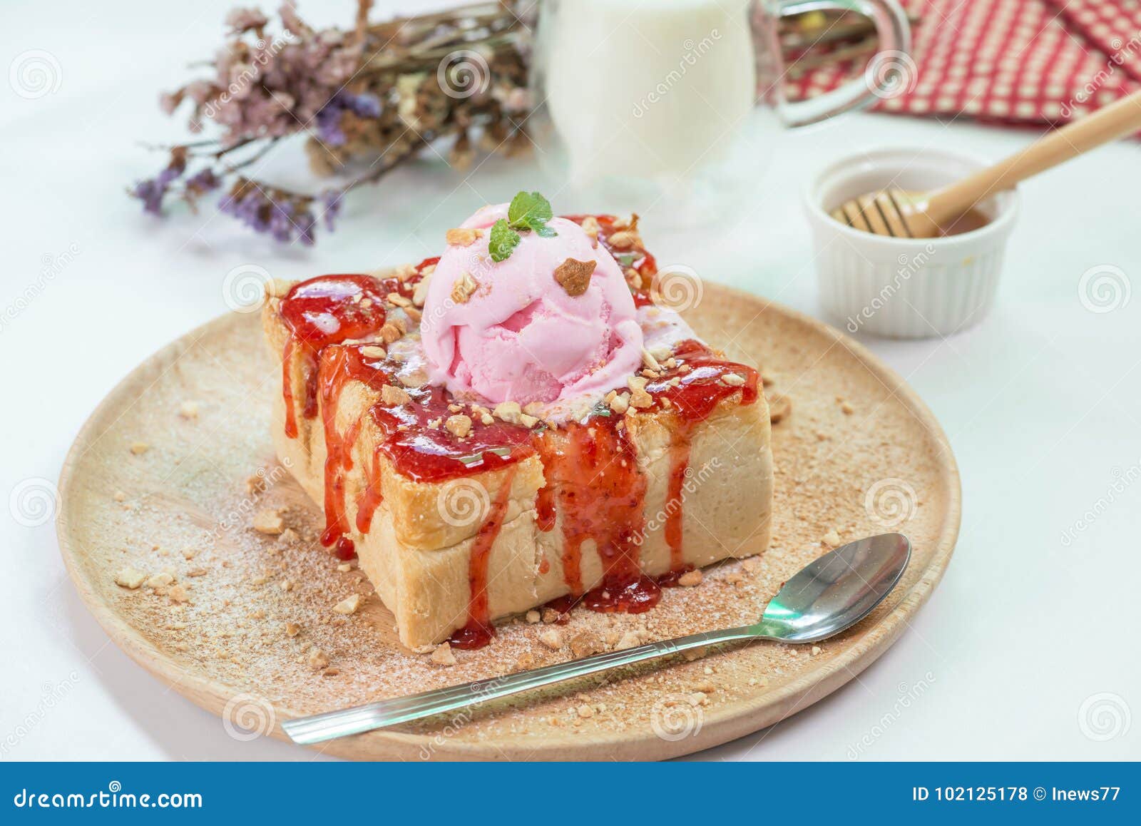 Toast Topping with Strawberry Jam and Ice Cream. Stock Photo - Image of ...