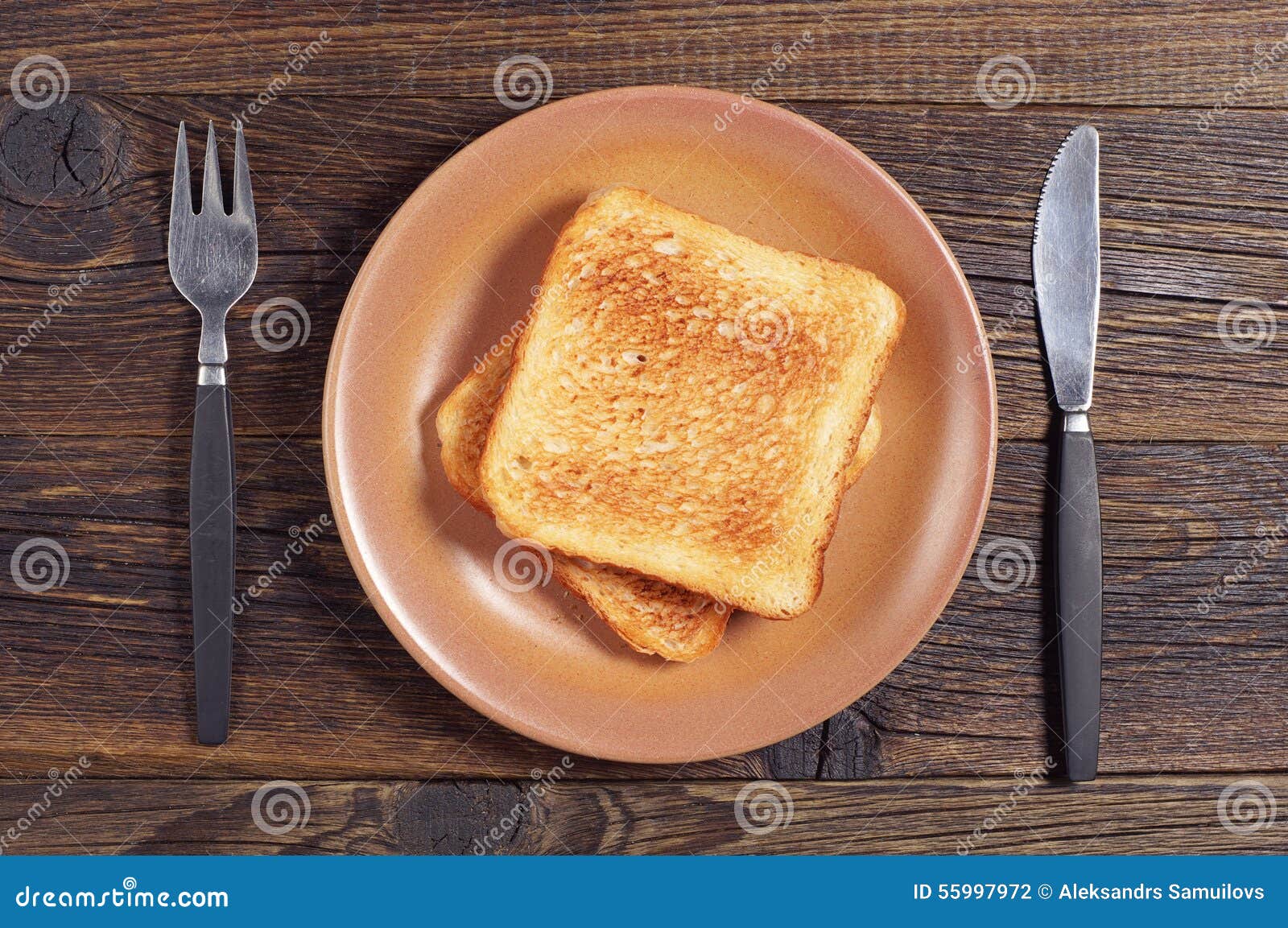 Toasted Bread, Fork and Knife Stock Photo - Image of snack, toasted ...