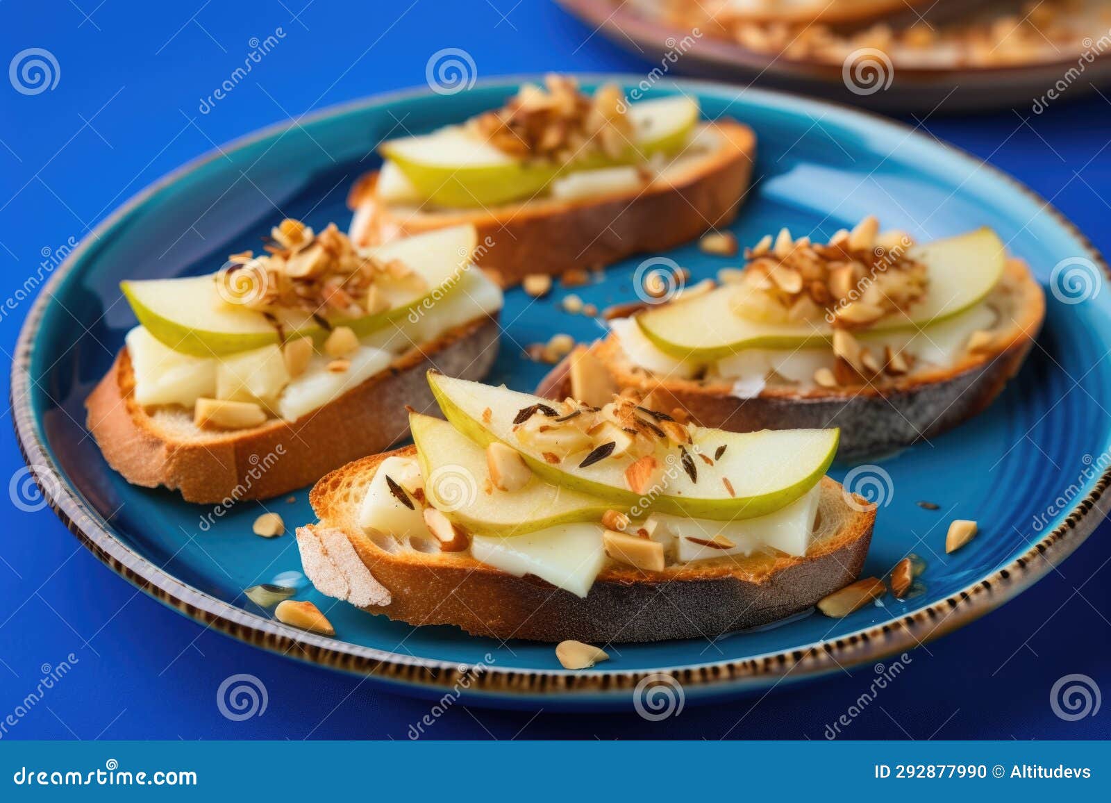 Toasted Bread with Pear Toppings on a Blue Dish Stock Photo - Image of ...