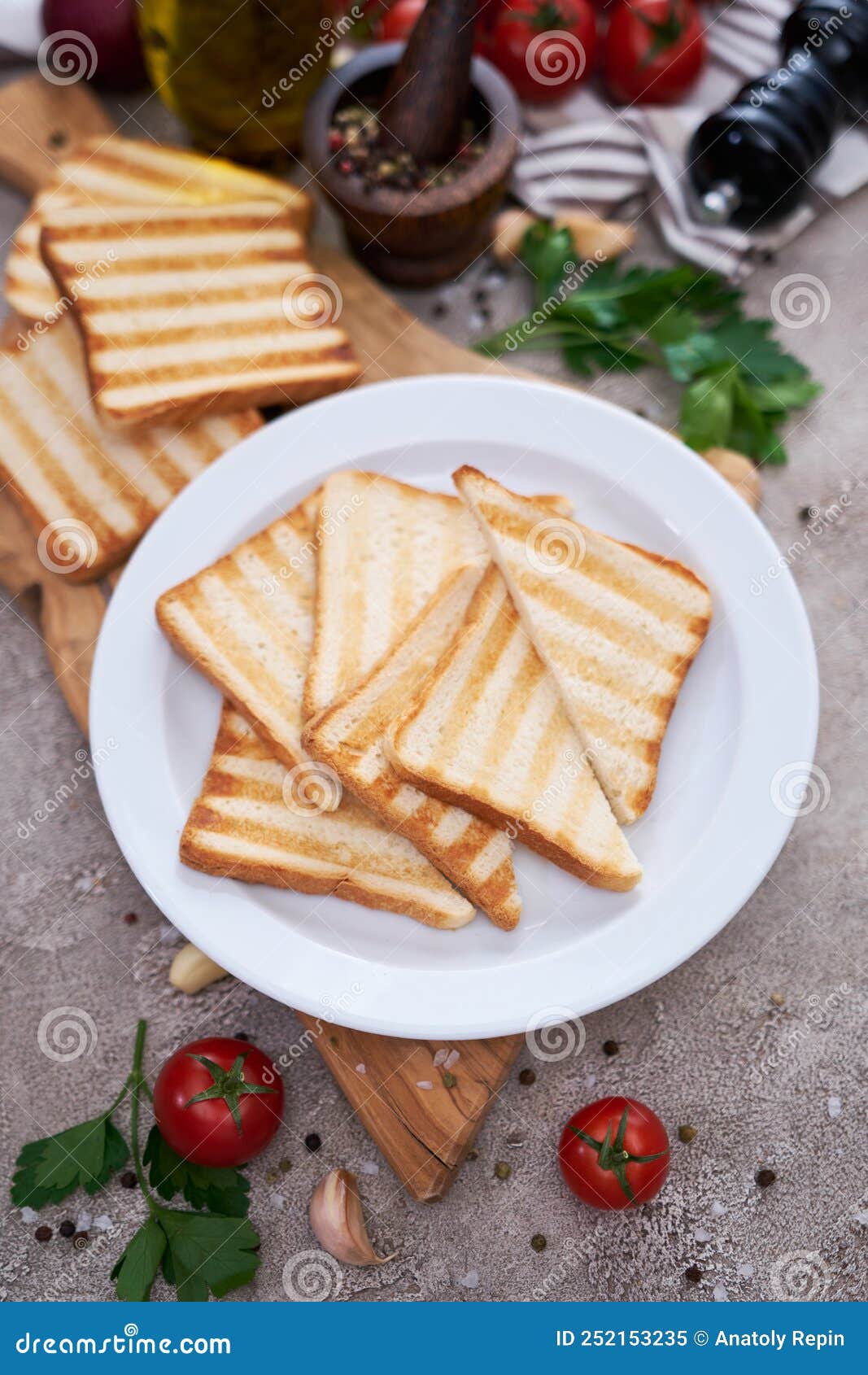 Toasted Bread Slices on Wooden Cutting Board for Breakfast Stock Image ...