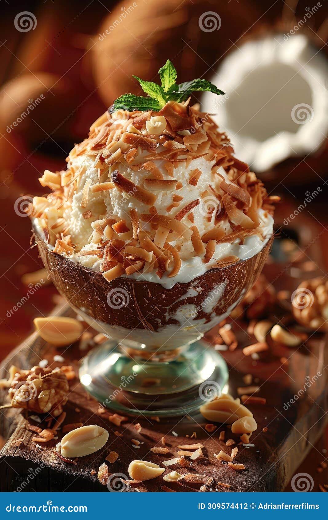 Toasted Coconut-topped Vanilla Ice Cream in a Coconut Shell with Mint ...
