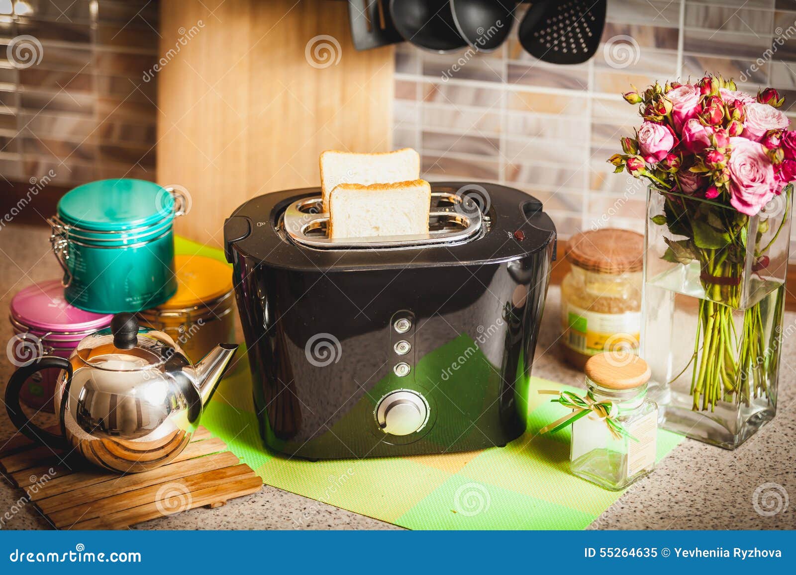 Toaster with Bread Slices on Kitchen Table Stock Image - Image of ...