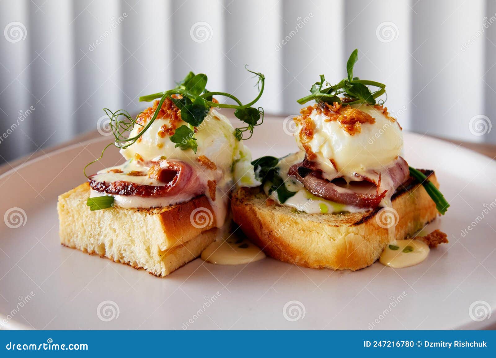 Toasts with Benedict Eggs Ham and Microgreen Served on Plate Stock ...