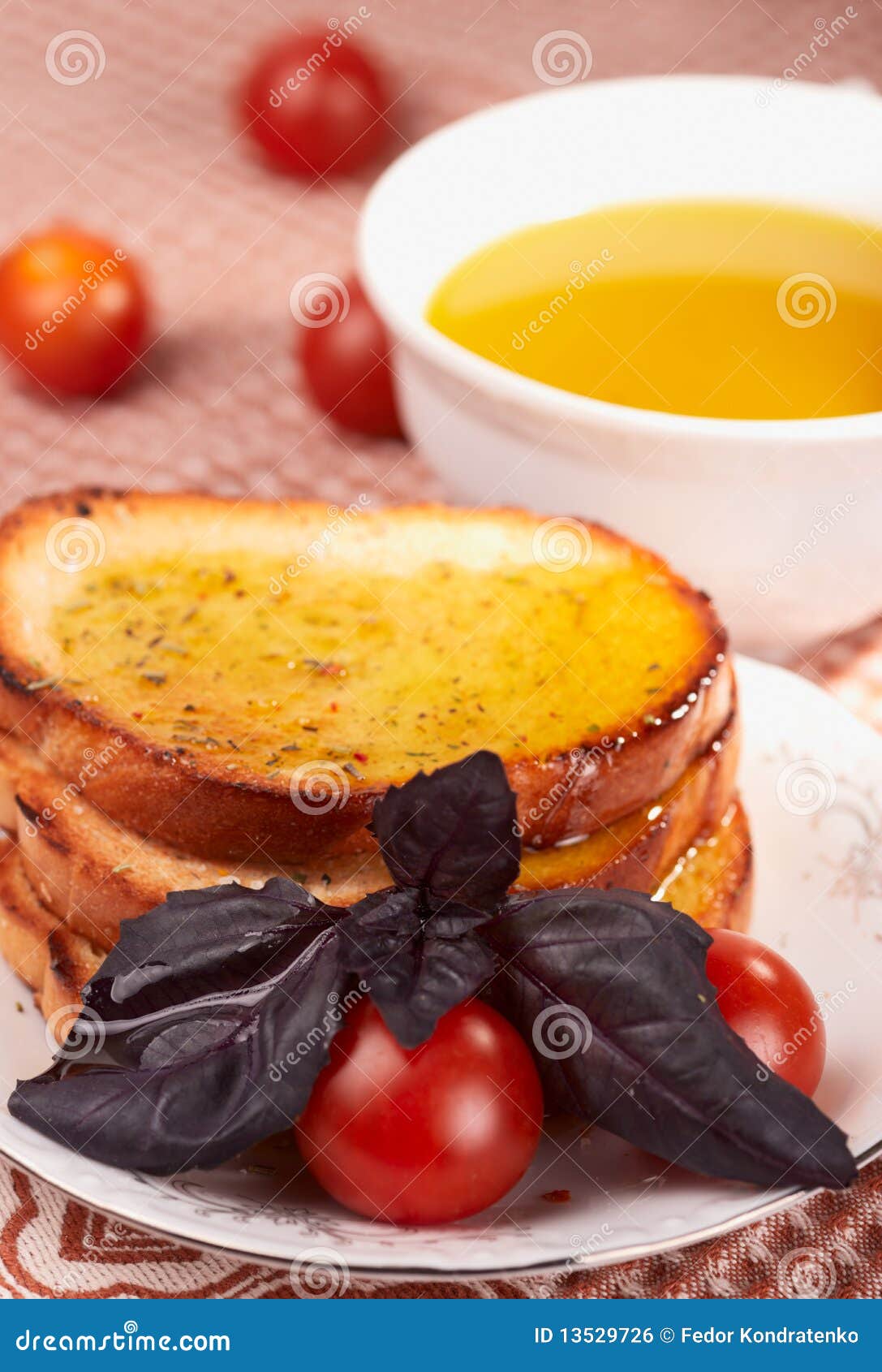 Toasts, Olive Oil, Basil Grass and Tomatos Stock Photo - Image of herb ...