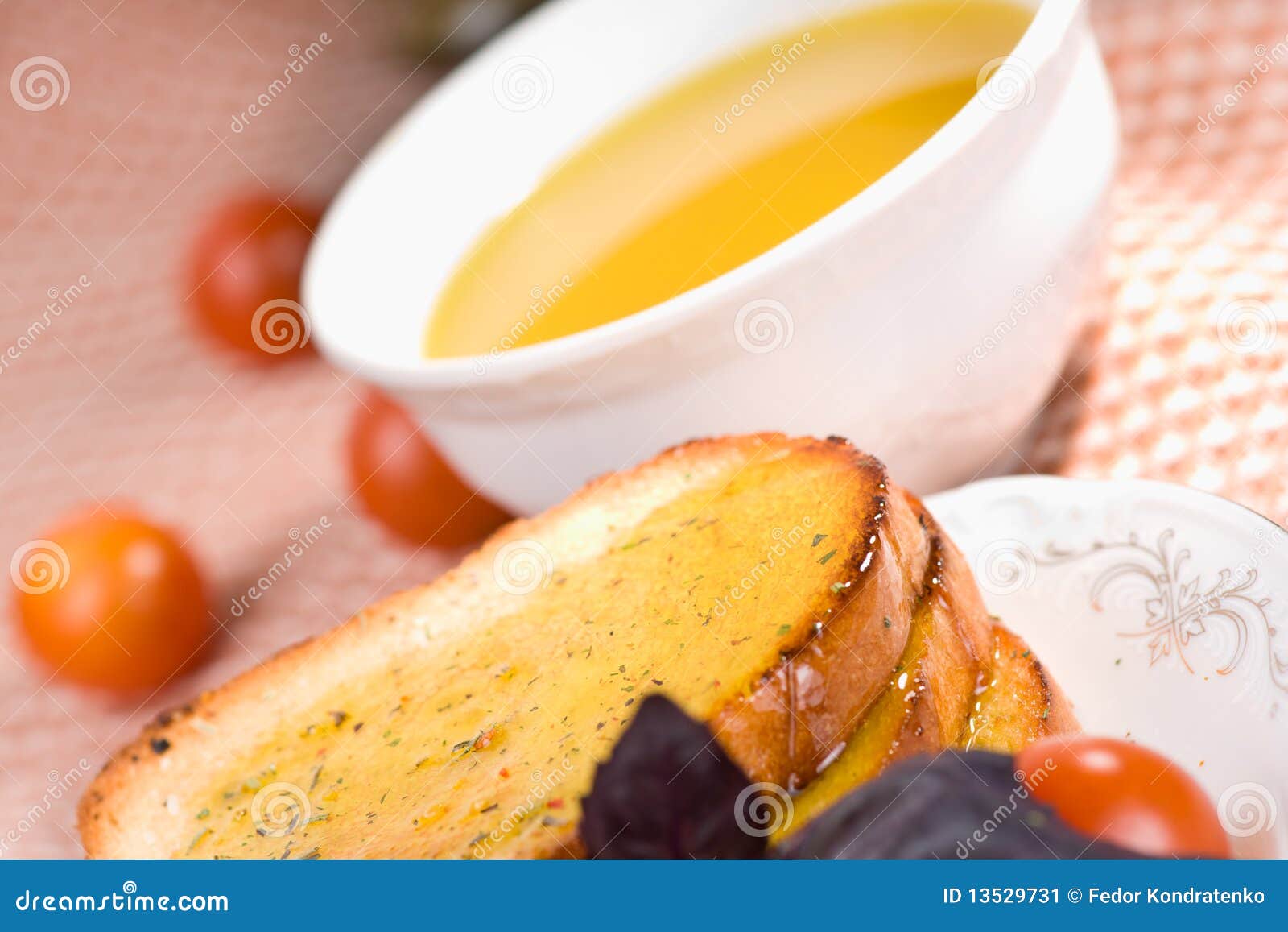 Toasts, Olive Oil, Basil Grass and Tomatos Stock Image - Image of cloth ...