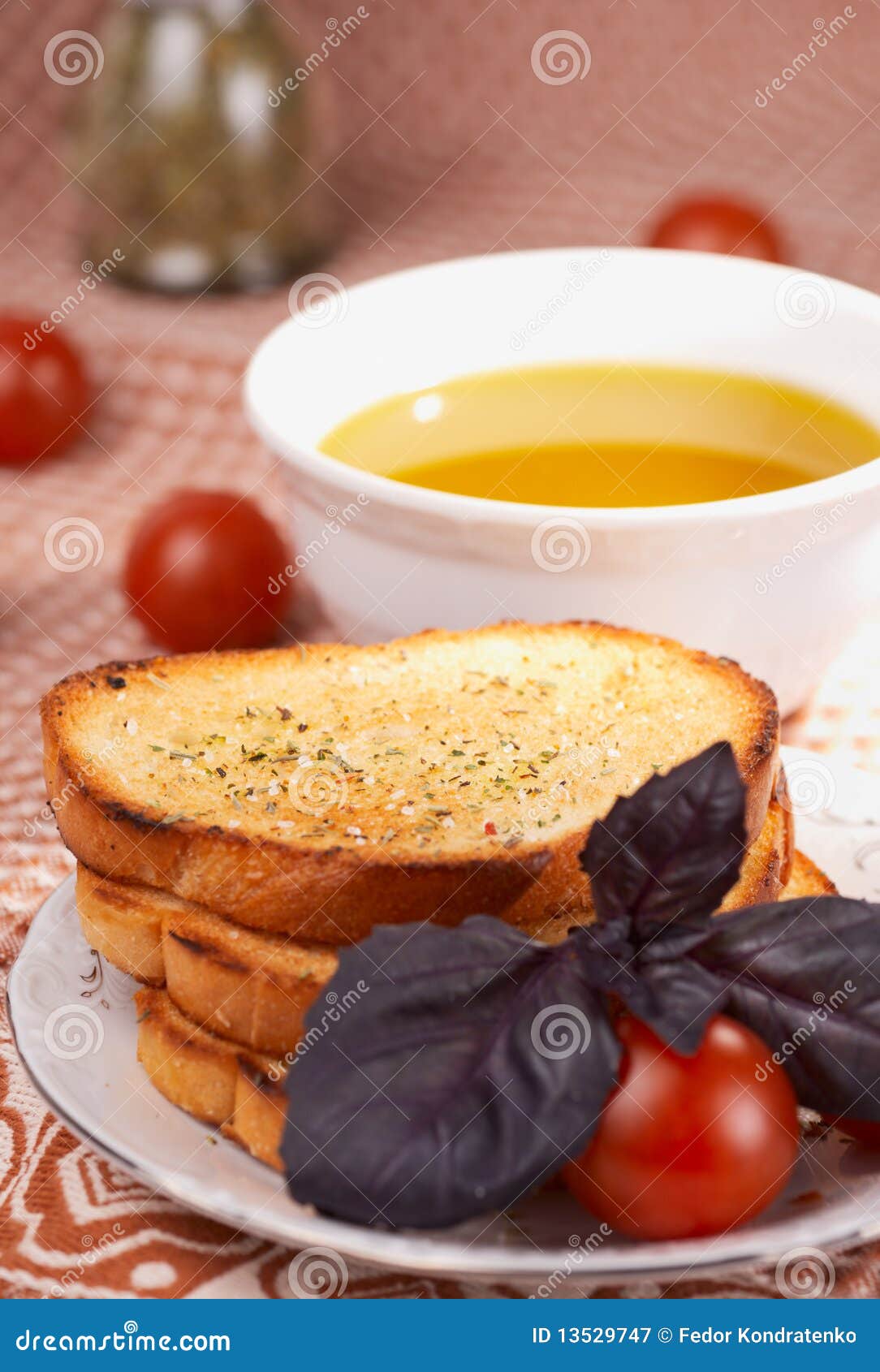 Toasts, Olive Oil, Basil Grass and Tomatos Stock Image - Image of ...