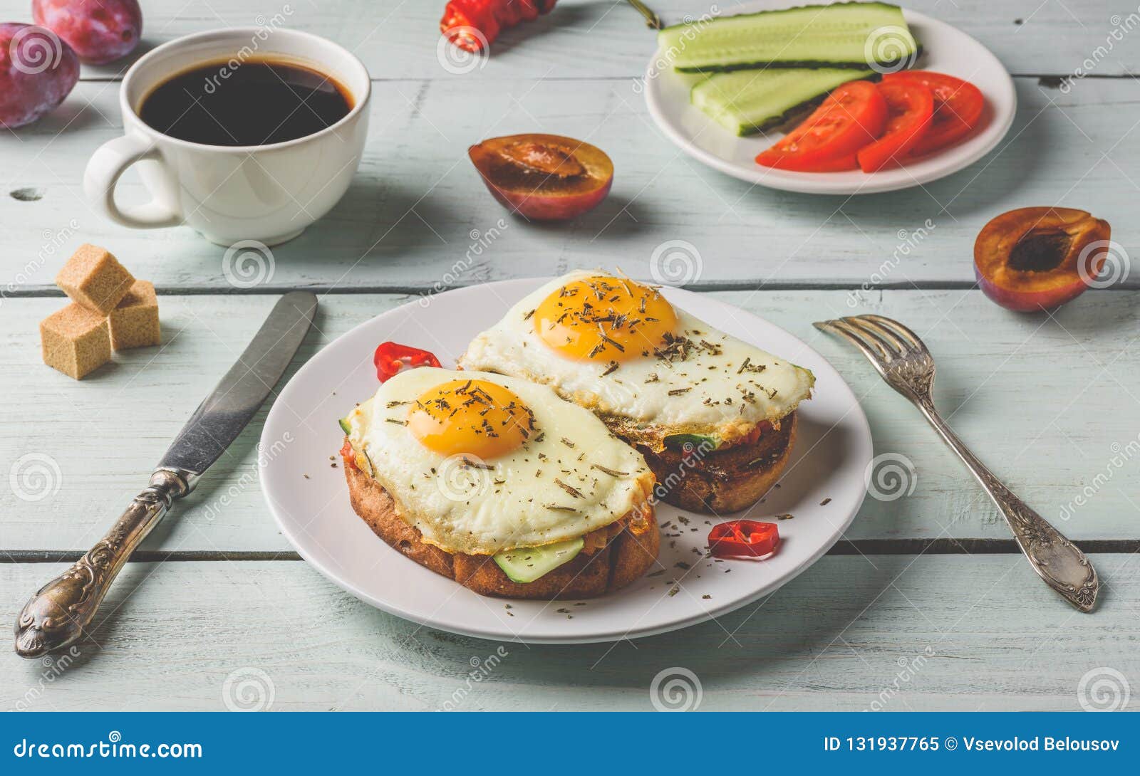 Toasts with Vegetables and Fried Egg and Cup of Coffee Stock Image ...