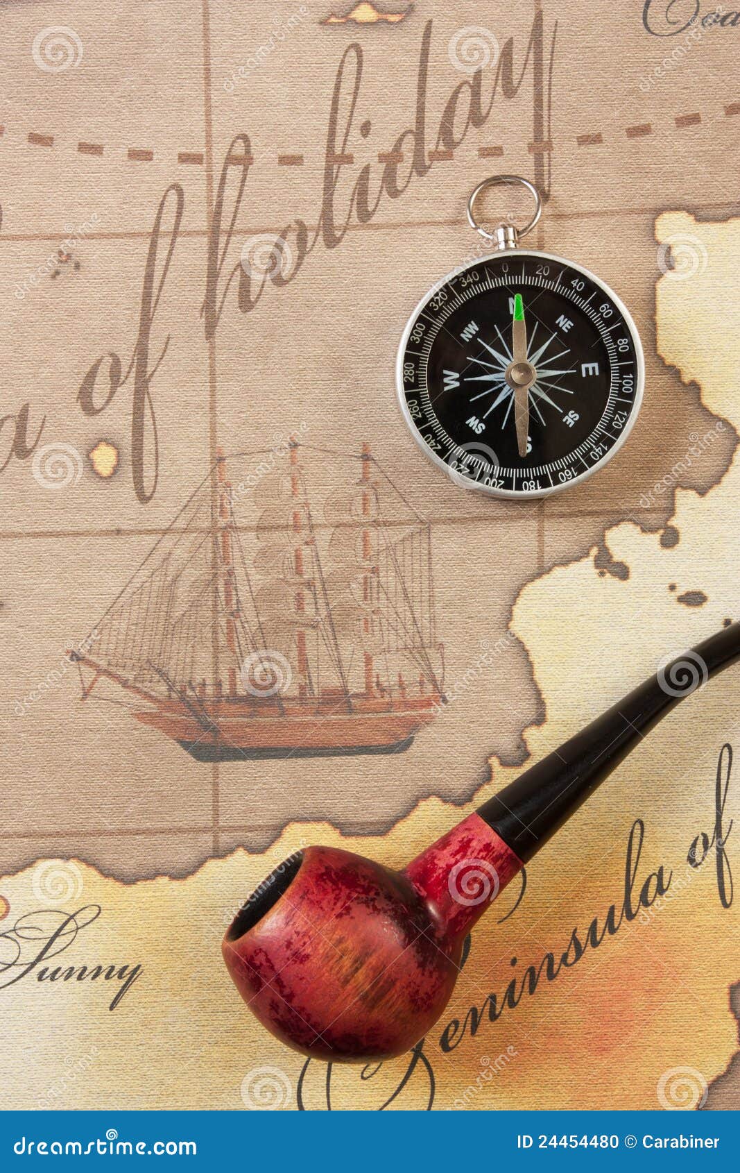 Tobacco Pipe and Compass on Map Stock Photo - Image of north, east ...