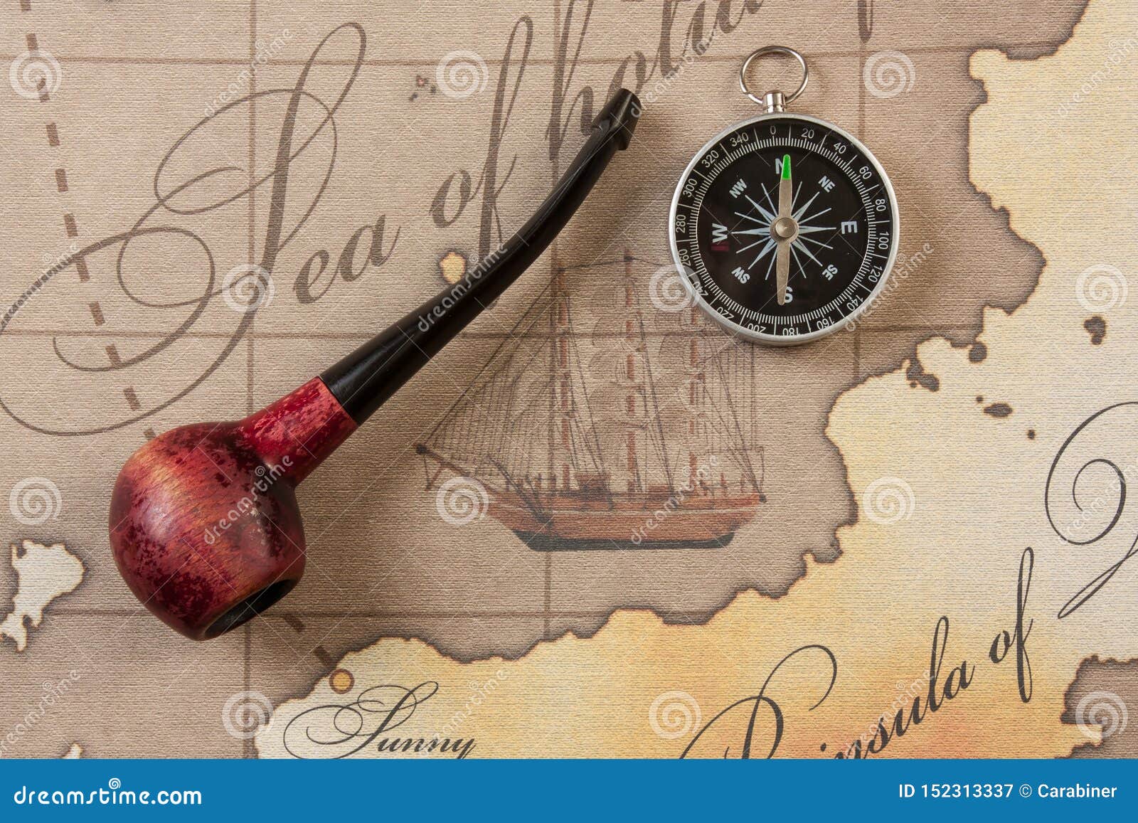 Tobacco Pipe and Compass on Map Stock Image - Image of brier, compass ...