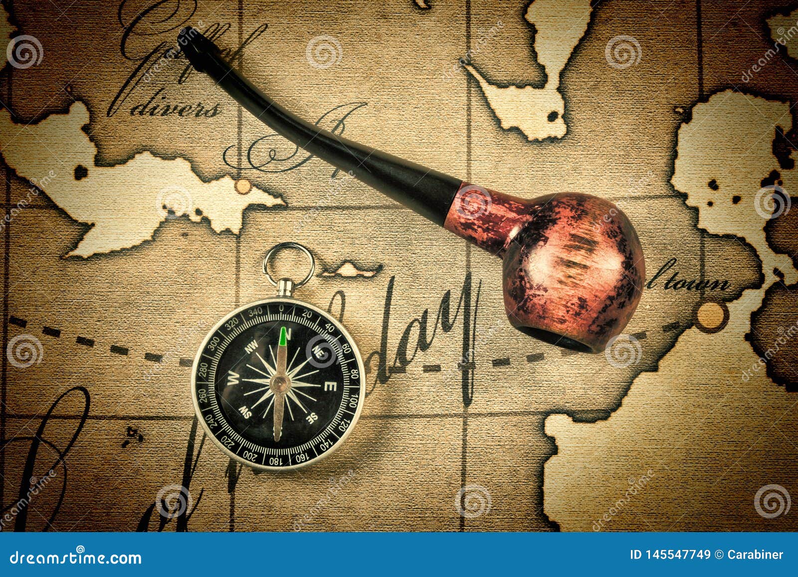 Tobacco pipe and compass stock image. Image of discovery - 145547749