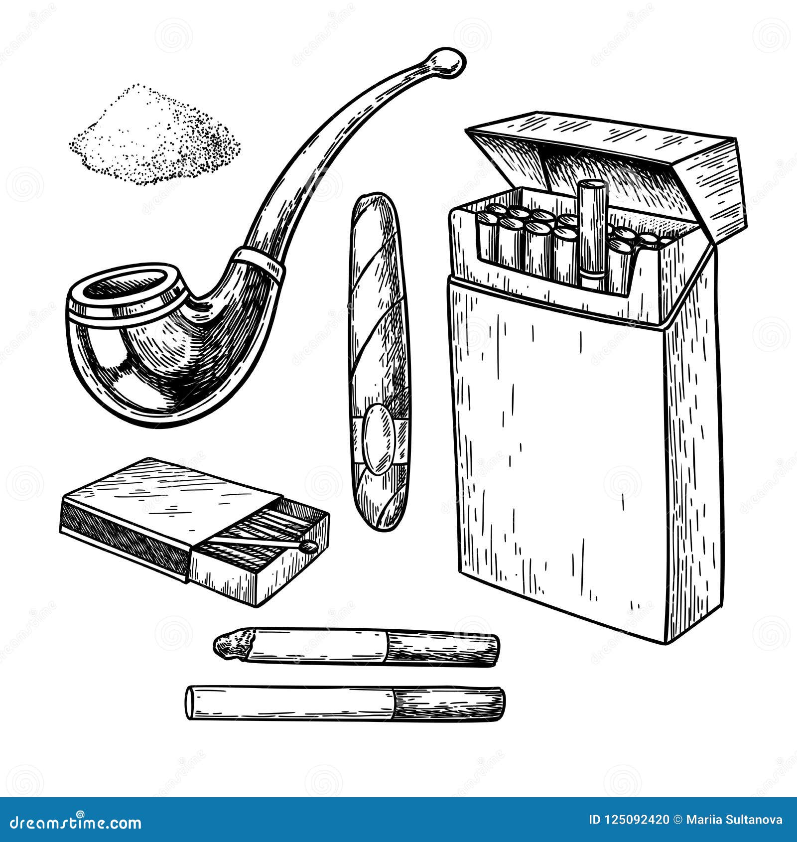 Tobbaco Smoking Vector Drawing Set. Cigarette Pack, Cigar, Matches Box ...