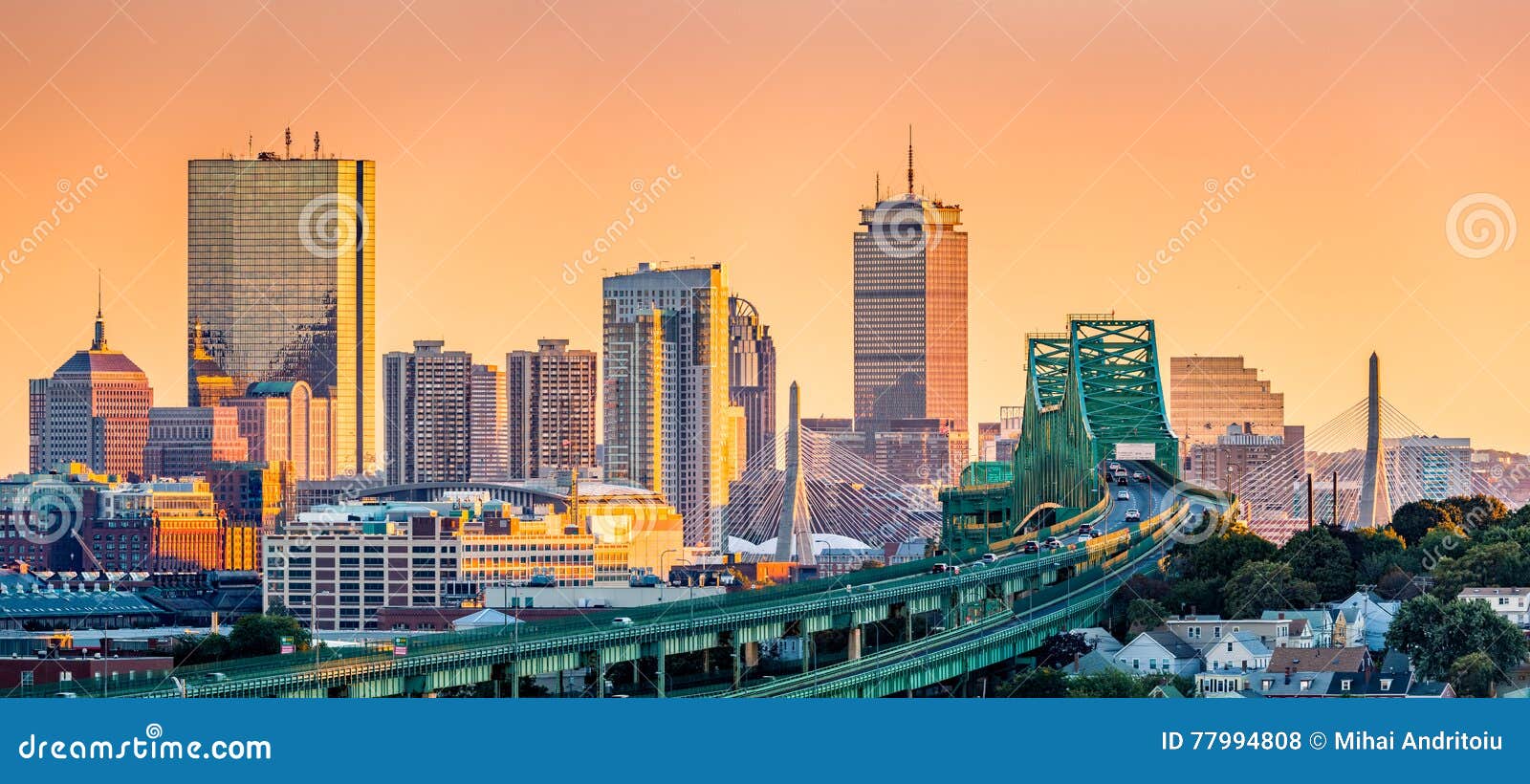 Tobin Bridge, Zakim Bridge and Boston Skyline Stock Photo - Image of ...