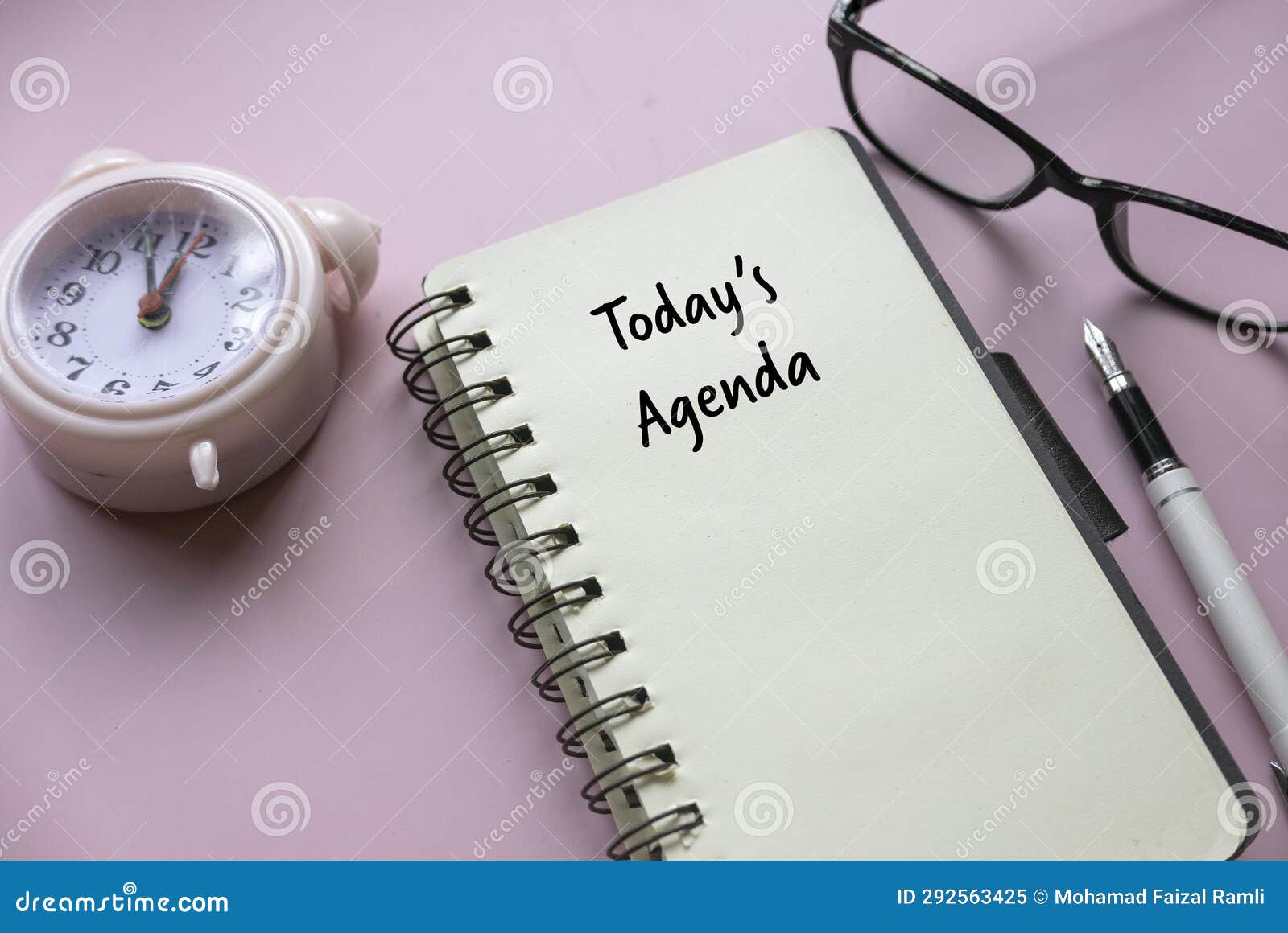 Today Agenda Concept. Notebook with Glasses, Pen and Clock on Pink ...