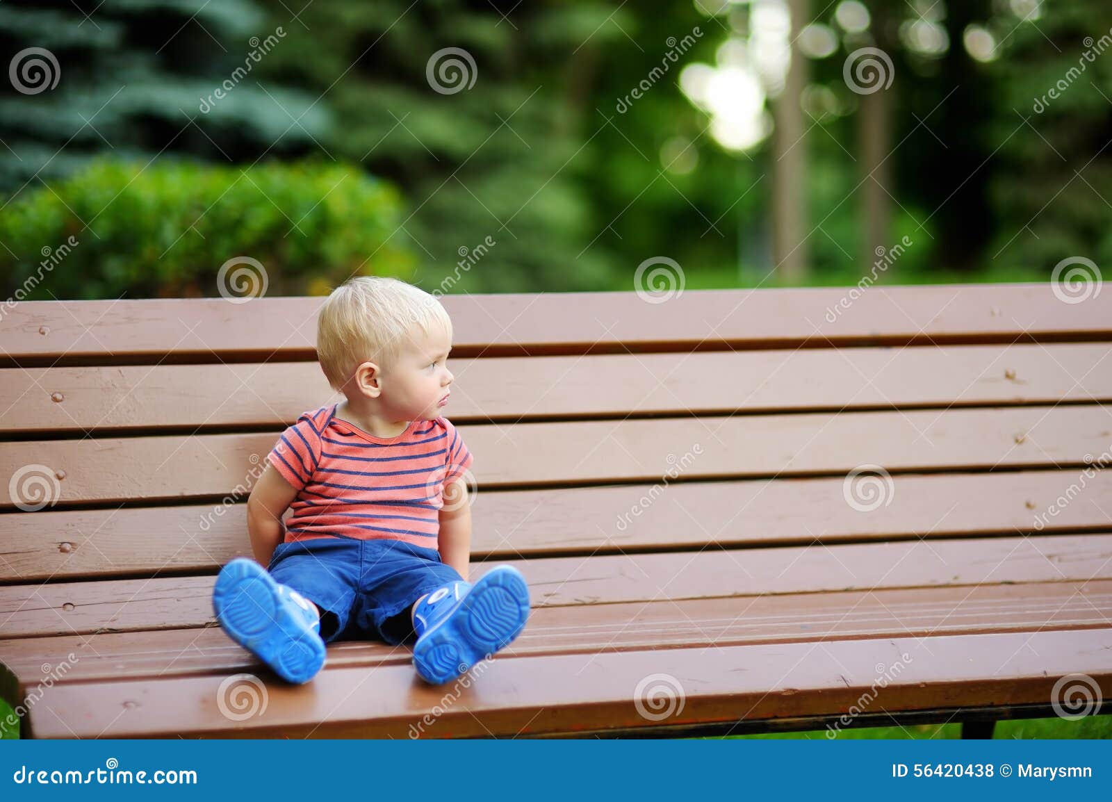 Toddler Boy Sitting on a Bench Stock Photo - Image of outdoors, playing ...
