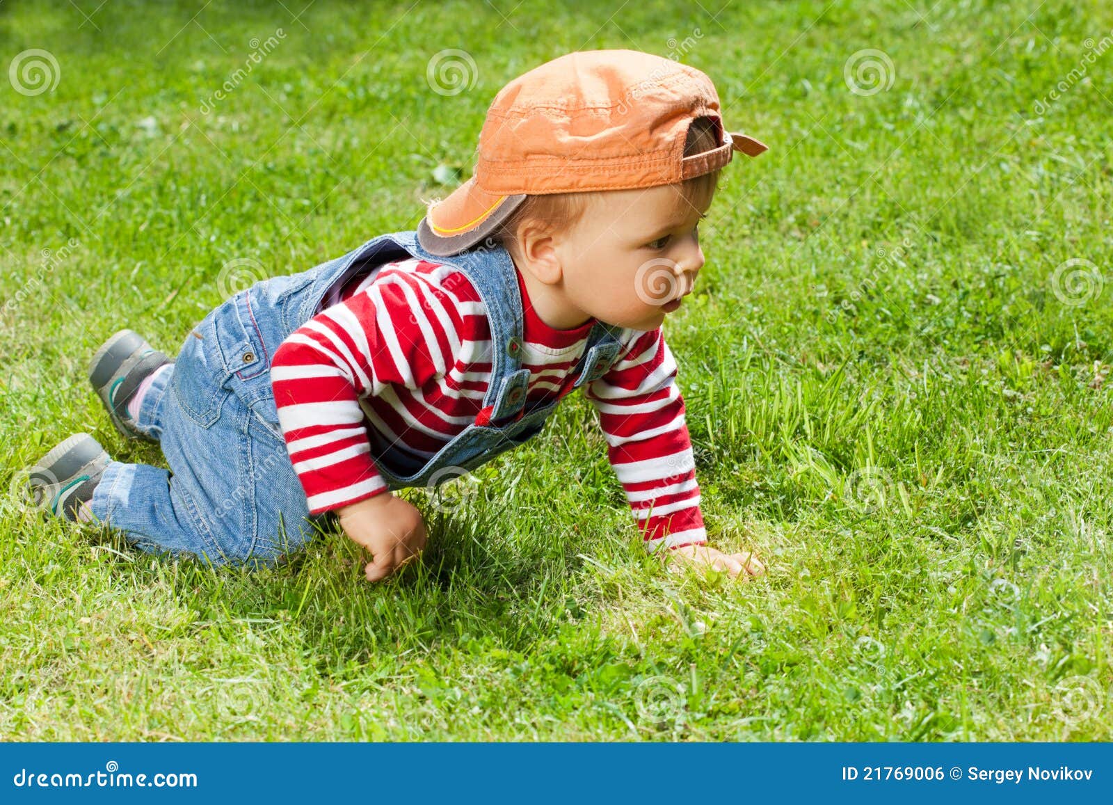 Toddler Crawling in the Garden Stock Photo - Image of park, denim: 21769006