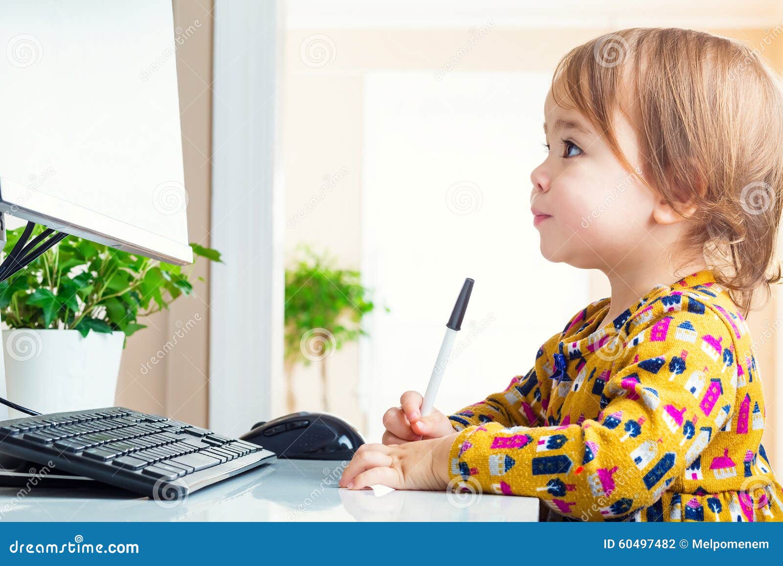 Toddler Looking at Her Computer Screen Stock Photo - Image of home ...