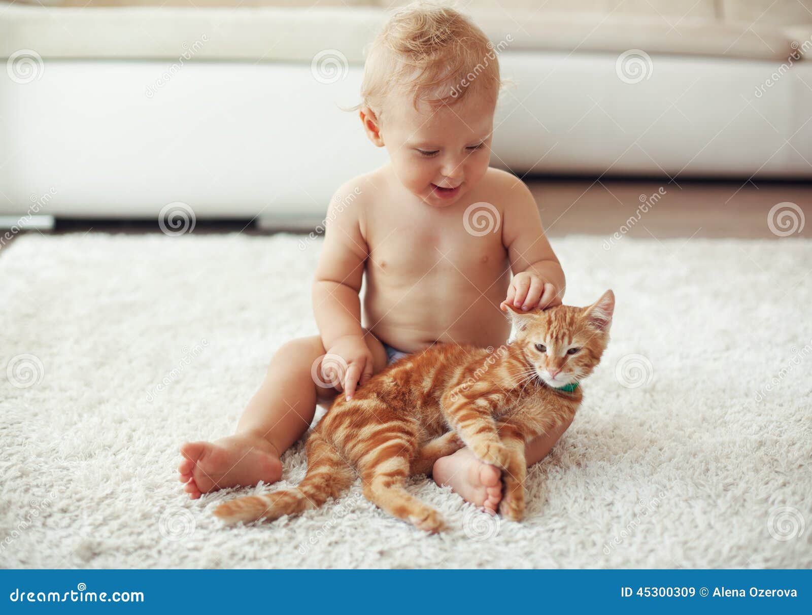 Toddler playing with cat stock image. Image of home, animal - 45300309