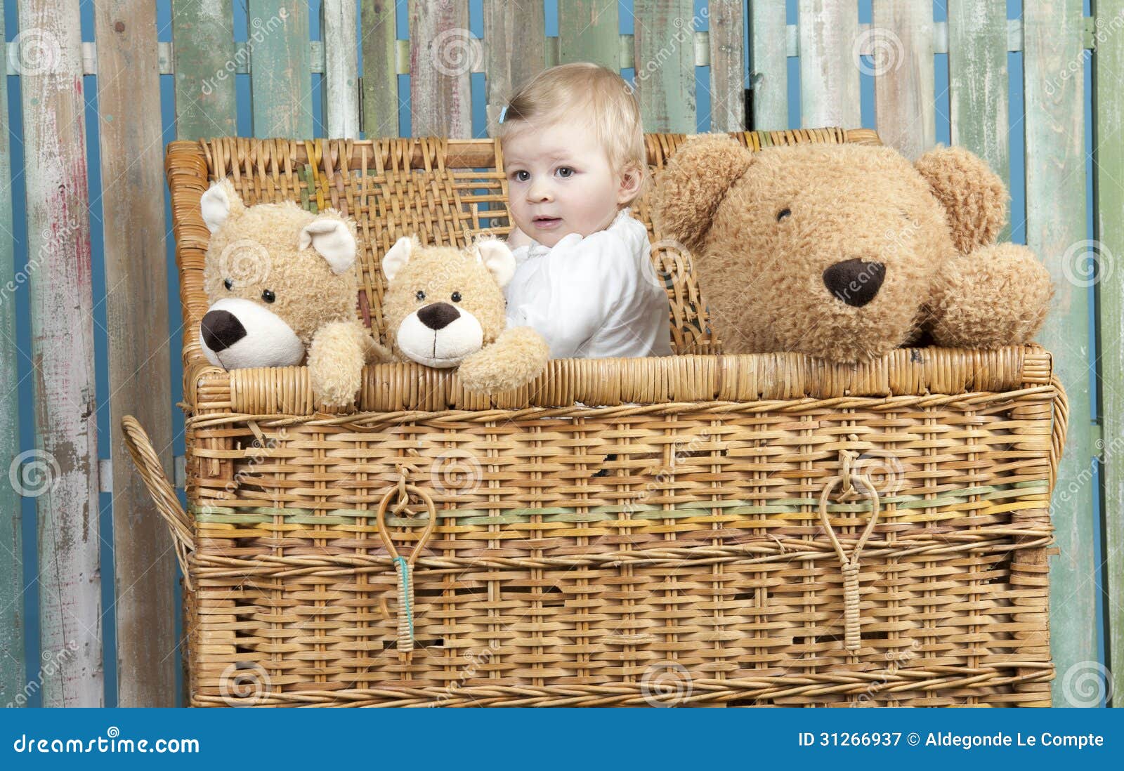 Toddler with Teddy Bears Standing in a Trunk Stock Image - Image of ...