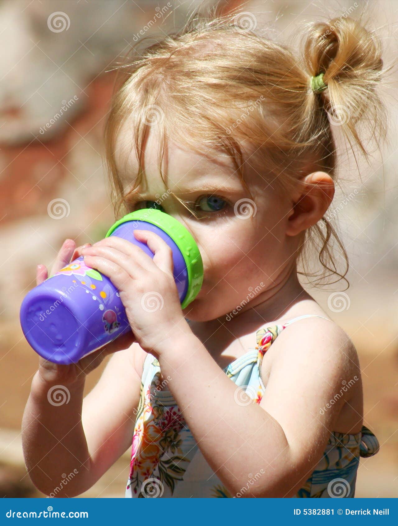 A Toddler Warily Sips stock image. Image of blondie, eyes - 5382881