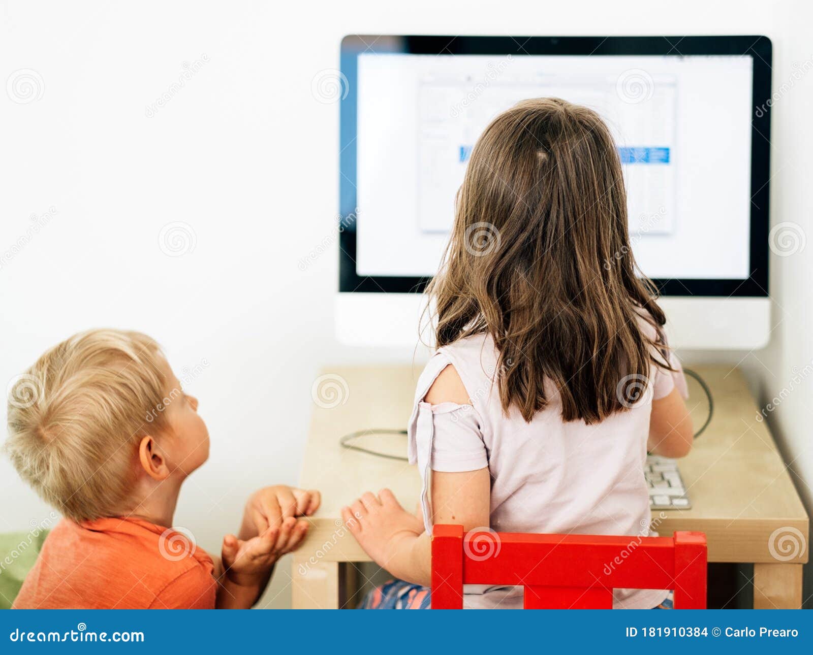 Toddlers at Home Using Desktop Computer Stock Photo - Image of ...