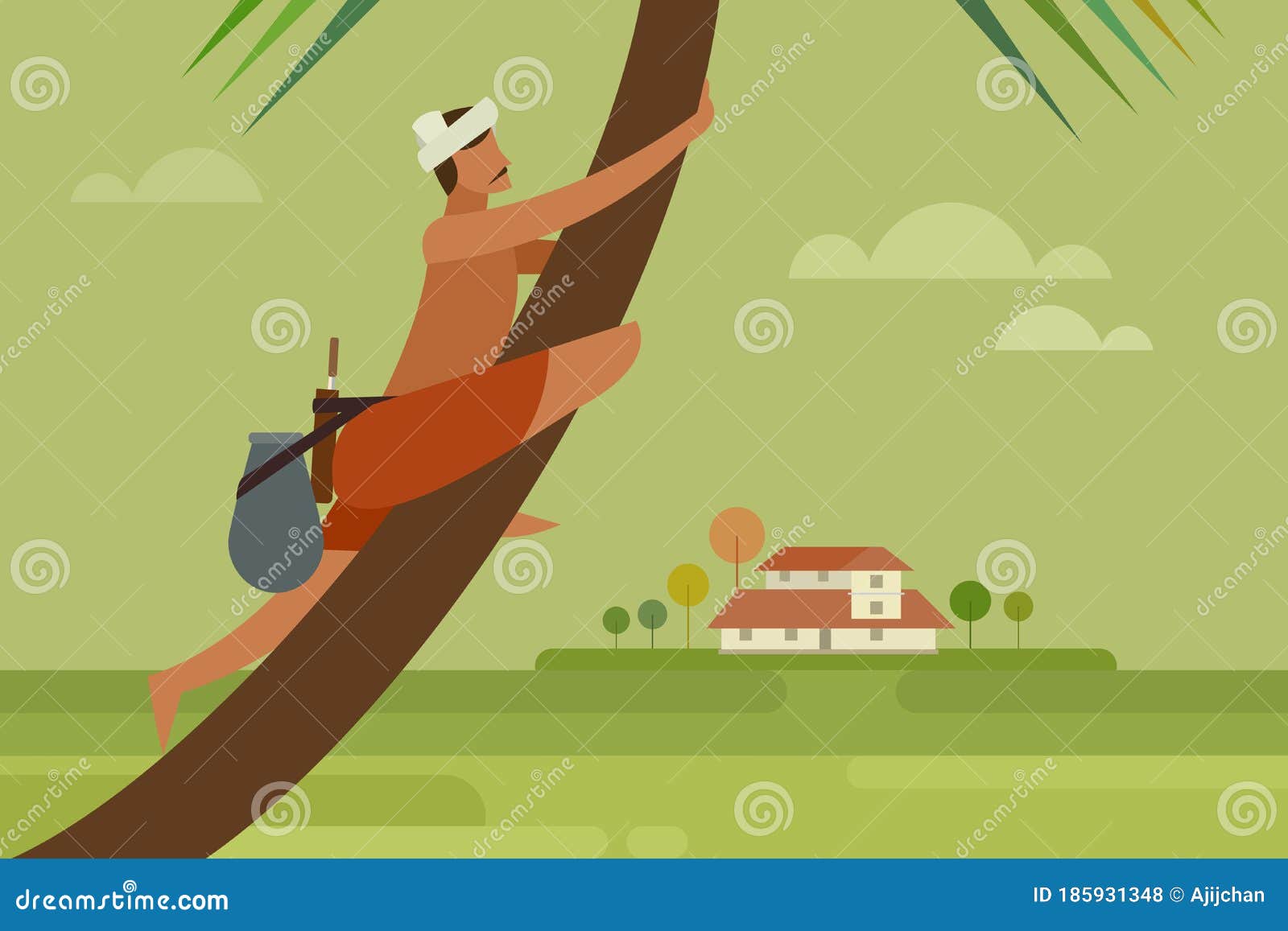 A Toddy Tapper Climbs Up a Coconut Tree To Collect Sap. Stock Vector ...