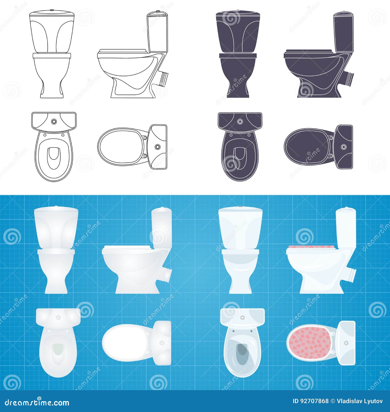 Toilet Bowl Silhouette. Front, Side And Top View. Vector Illustration ...
