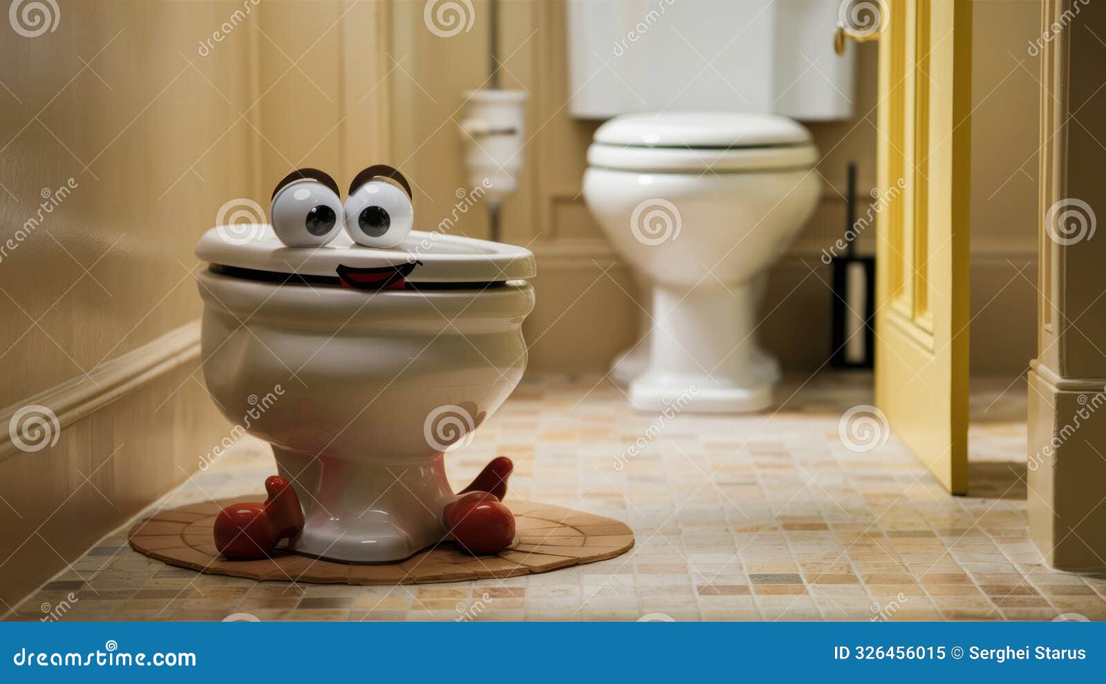 A Toilet with a Face on it Sitting in the Middle of Two Rooms, AI Stock ...