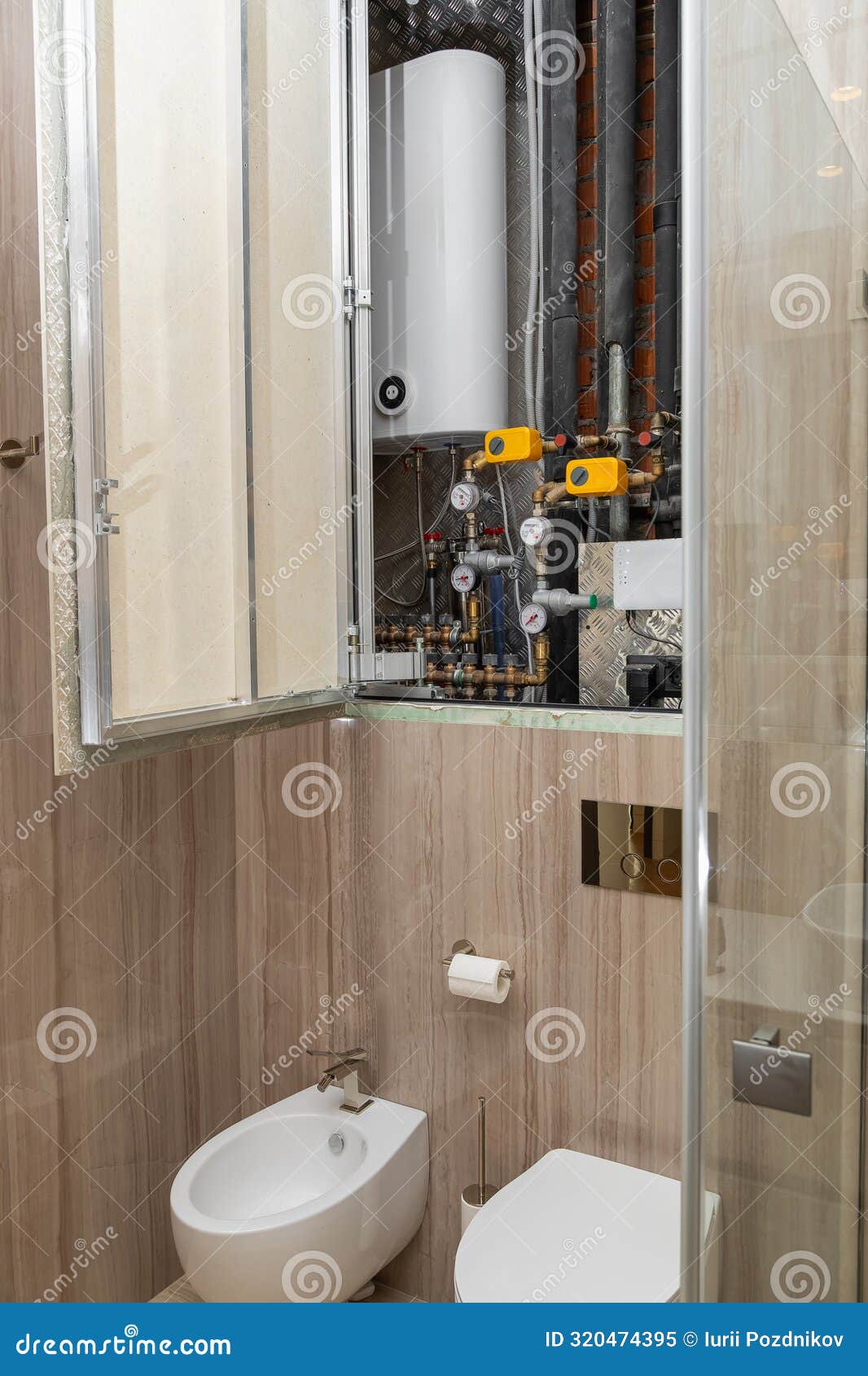Toilet, Shower and Service Hatch with Pipes. Stock Image - Image of ...