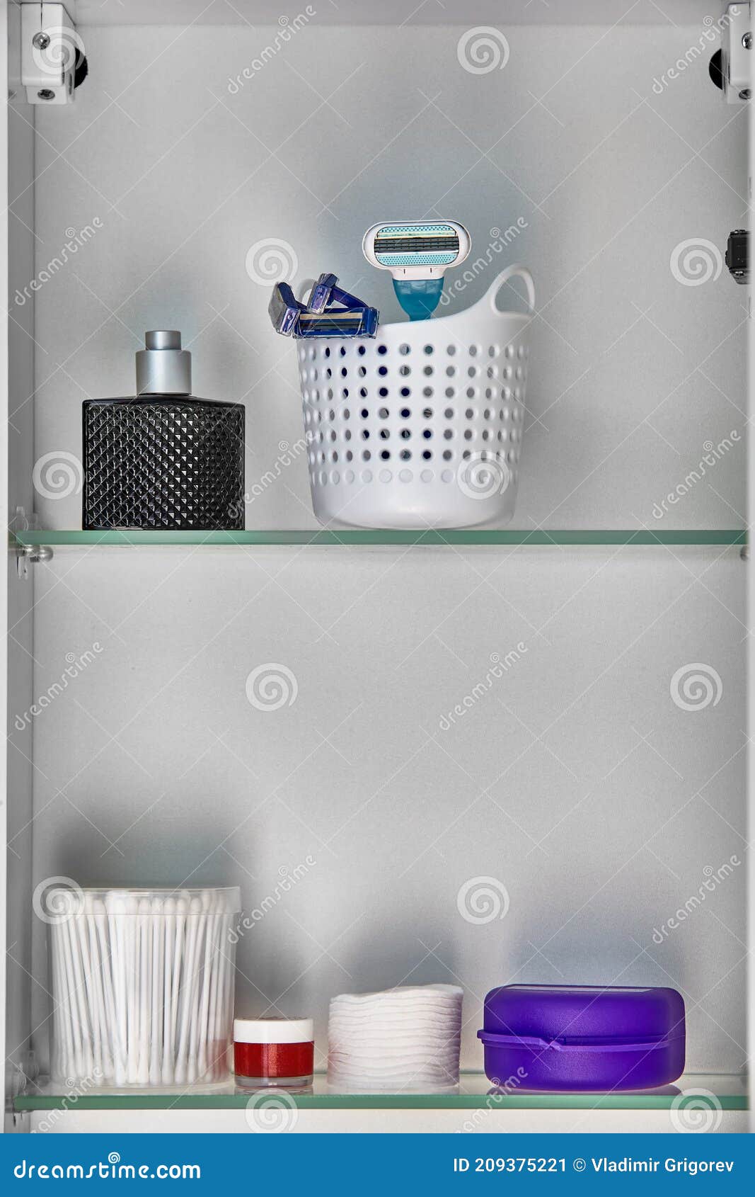 Toiletries and Hygiene Items on Shelf in Bathroom Stock Image - Image ...