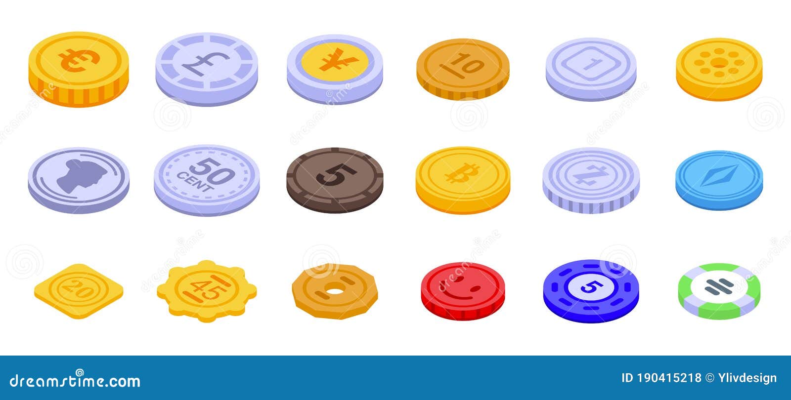 Tokens Icons Set, Isometric Style Stock Vector - Illustration of ...