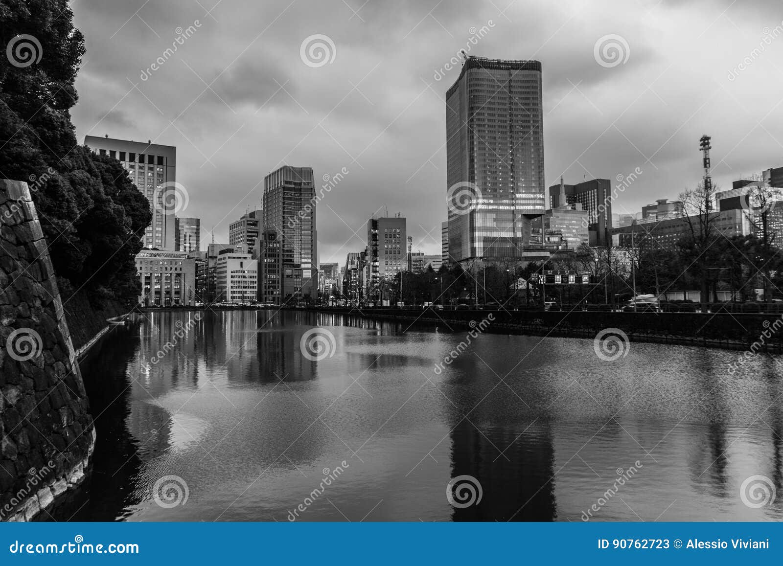 Tokyo Skyline Black and White Stock Image - Image of river, palace ...