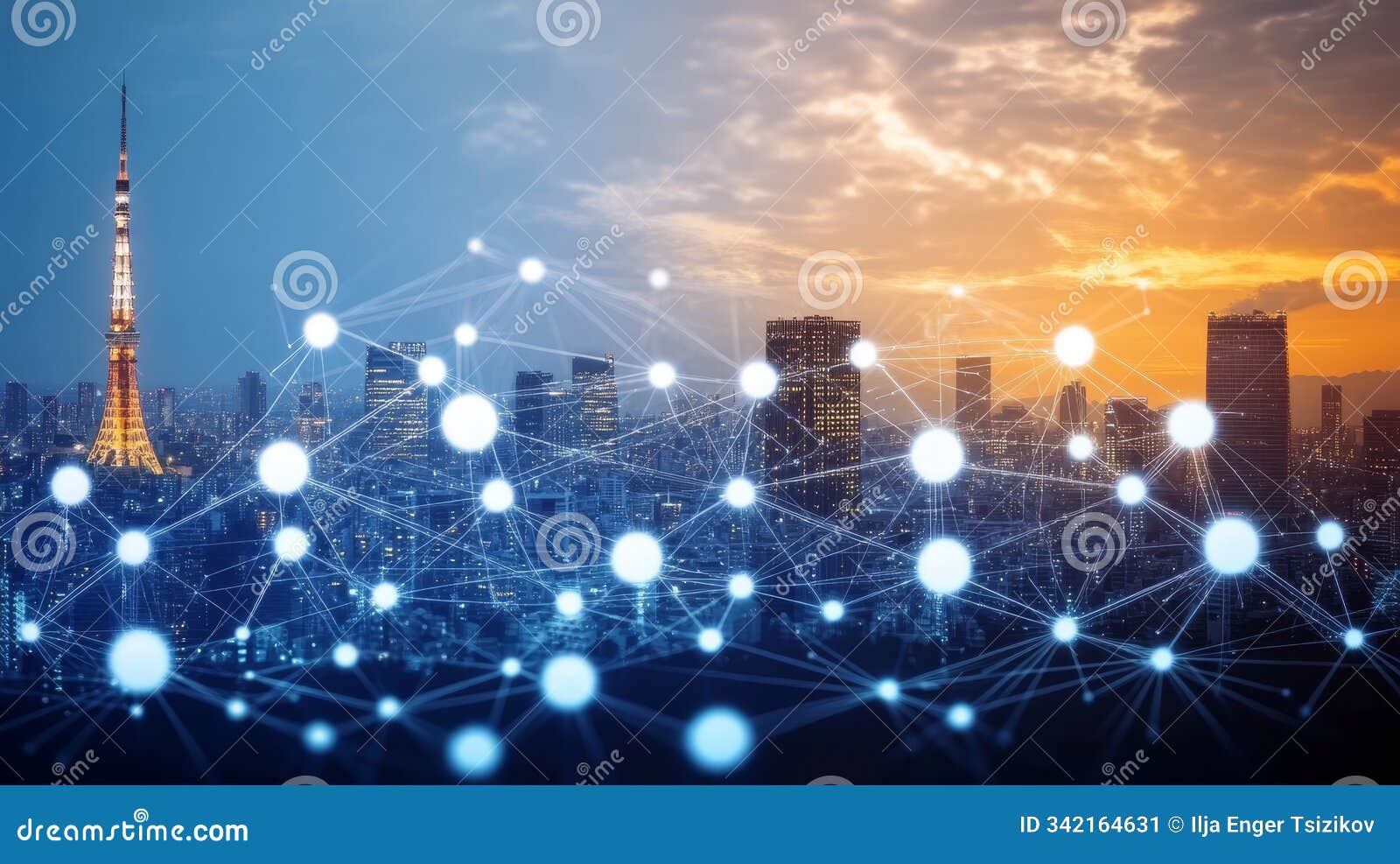 Tokyo Skyline at Sunset with Network Connection, Internet of Things ...
