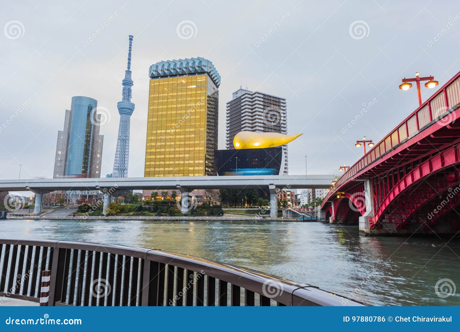 Tokyo Skytree and Asahi Tower with Sumida River and Bridge. Editorial ...