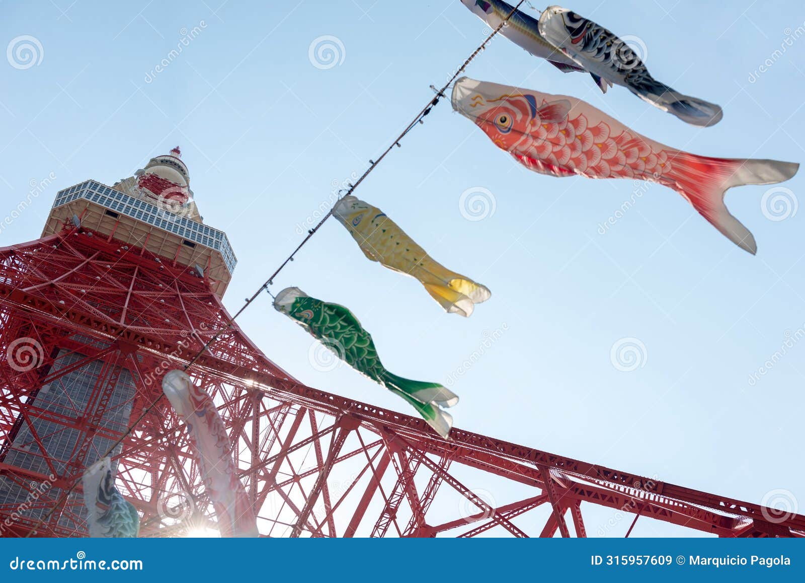 Tokyo Tower Red Structure with Some Koi Fish Kites Blowing in the Wind ...