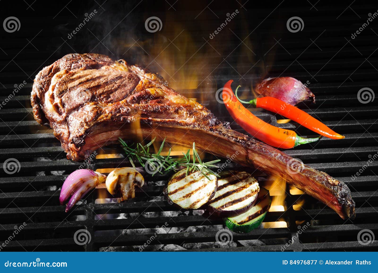 Tomahawk Rib Beef Steak on Grill Stock Image - Image of flames ...