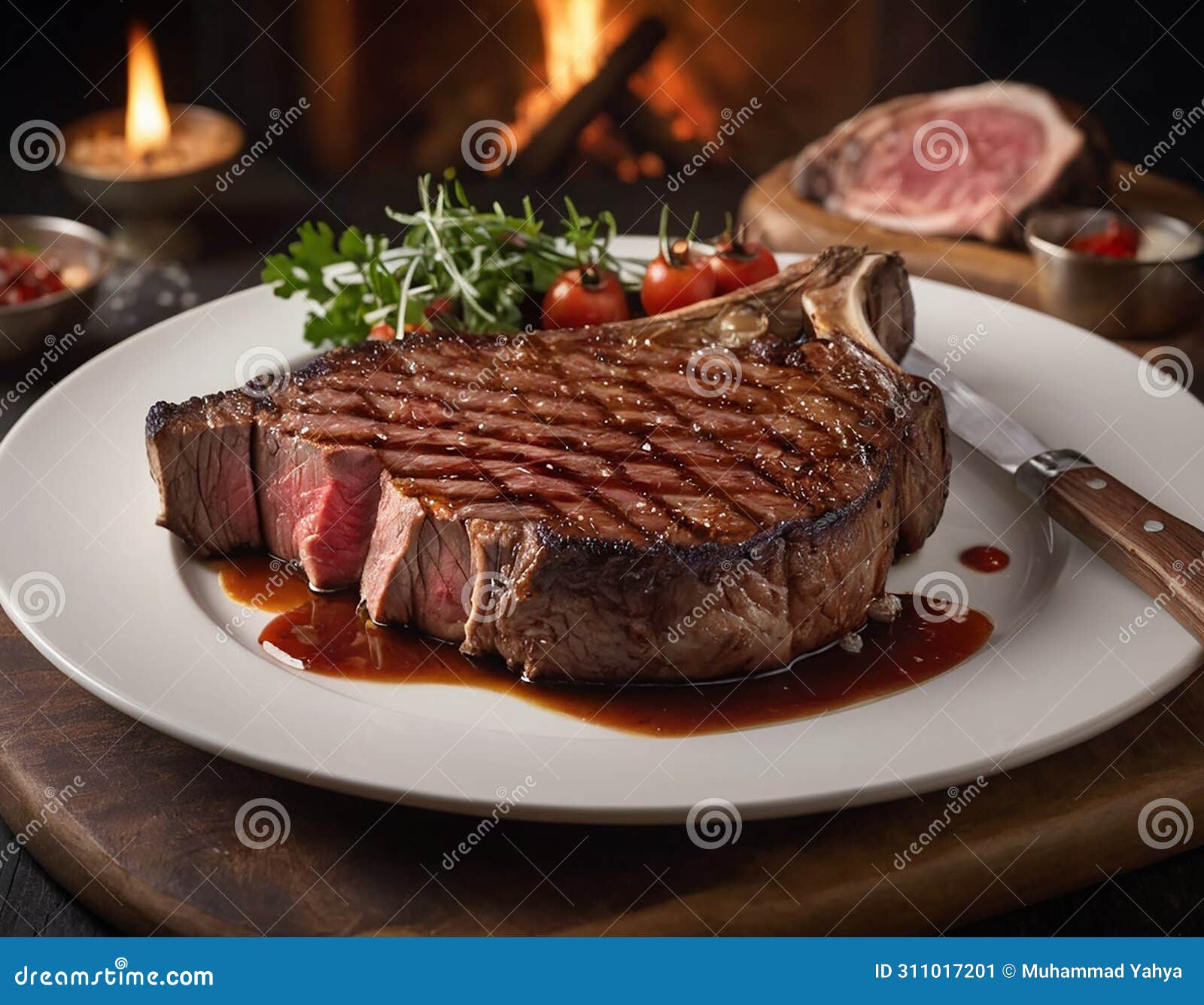 Tomahawk Steak in Plate, Medium Rare, Low Key Photo Stock Illustration ...